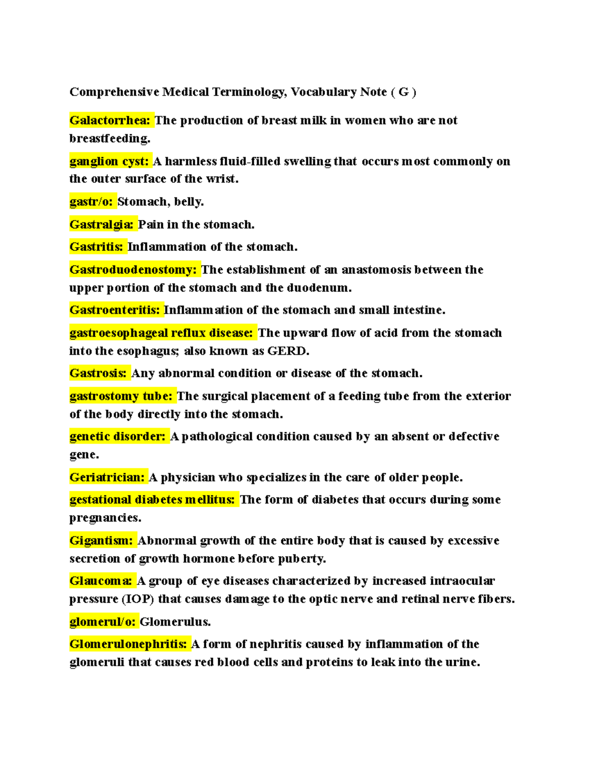 Vocabulary Note ( G ) - Comprehensive Medical Terminology, Vocabulary ...