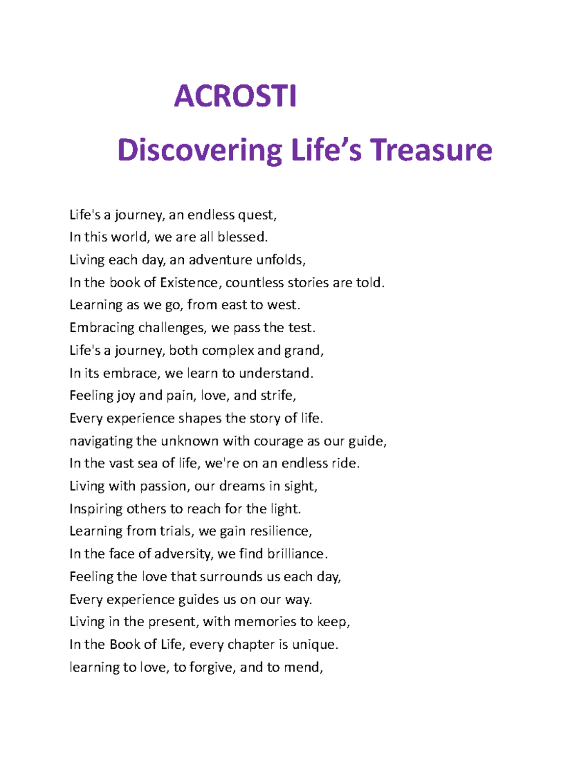 Acrosti LIFE POEM SUB - it is the poem for extra credit - Life's a ...