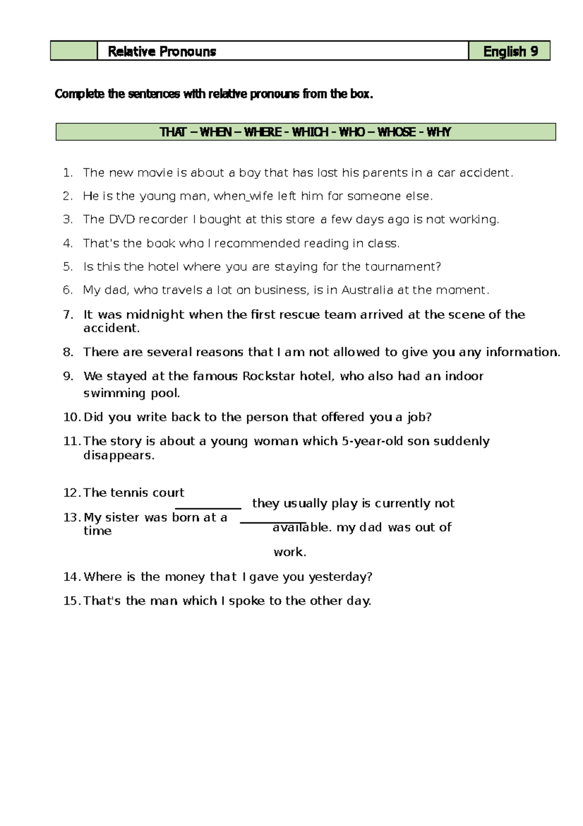 English 9 - Relative Pronouns - Relative Pronouns English 9 Complete ...