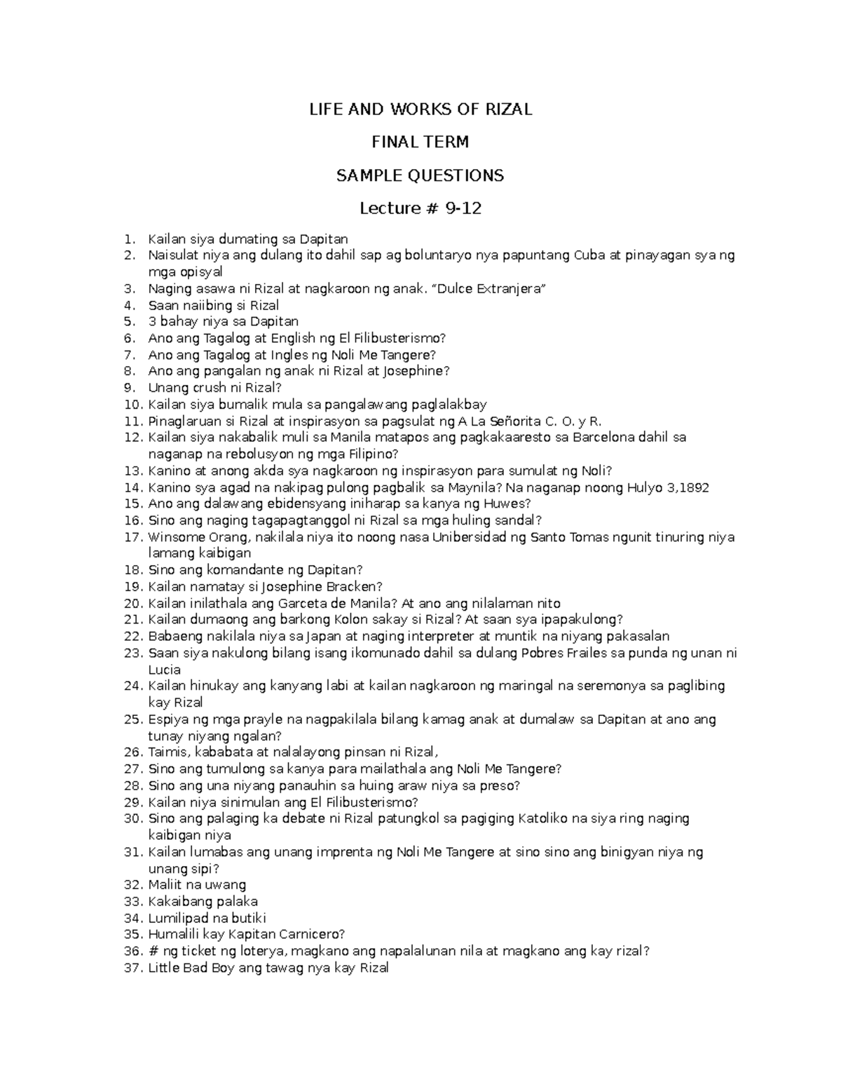 Rizal ftme1 - LIFE AND WORKS OF RIZAL FINAL TERM SAMPLE QUESTIONS ...