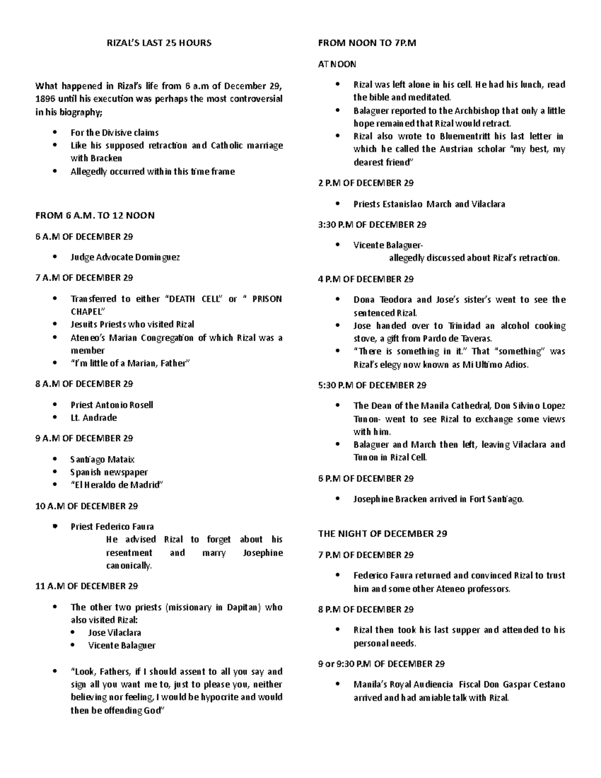 Rizal Last Hours - RIZAL’S LAST 25 HOURS What happened in Rizal’s life ...