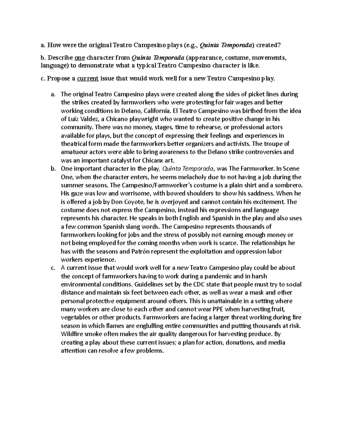 WLC 312 quiz 2: Teatro Campesino - a. How were the original Teatro ...