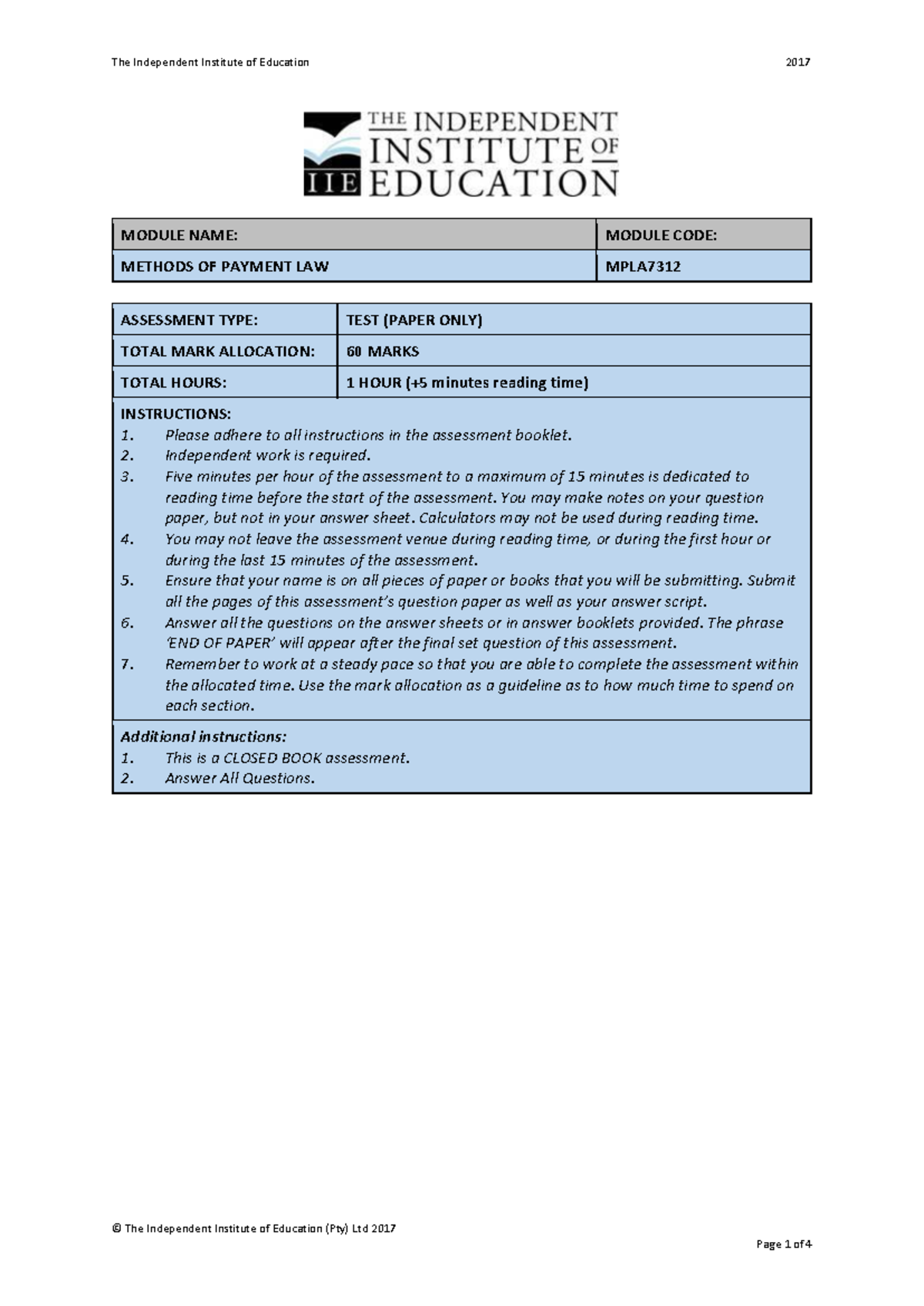 MPLA7312T1a (4) and answers - © The Independent Institute of Education (Pty) Ltd 20 17 MODULE ...