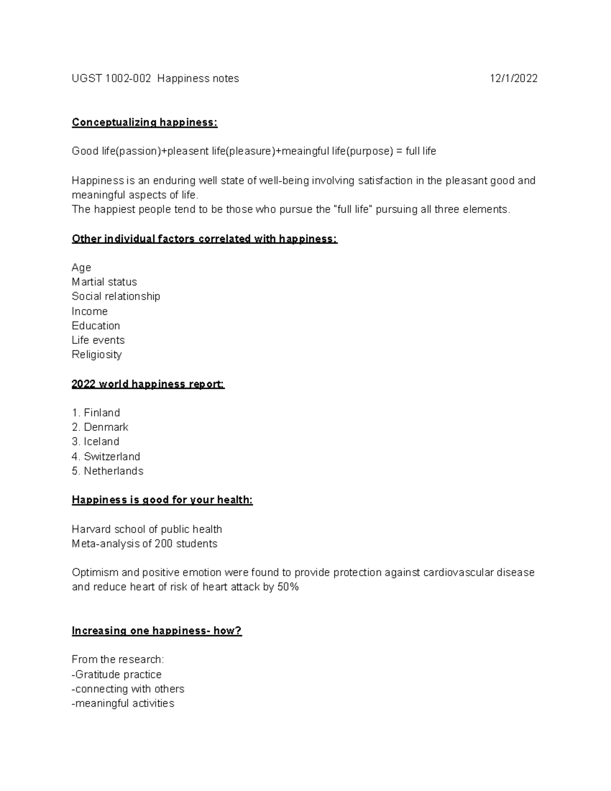 UGST 1002-002 Happiness notes - The happiest people tend to be those ...