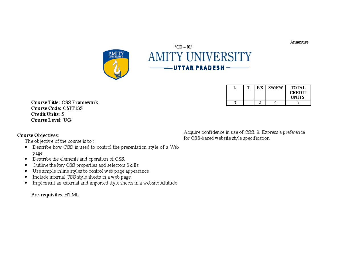 CSS FRAMEWORK CSIT135 Introduction to a CSS framework - Annexure ‘CD ...