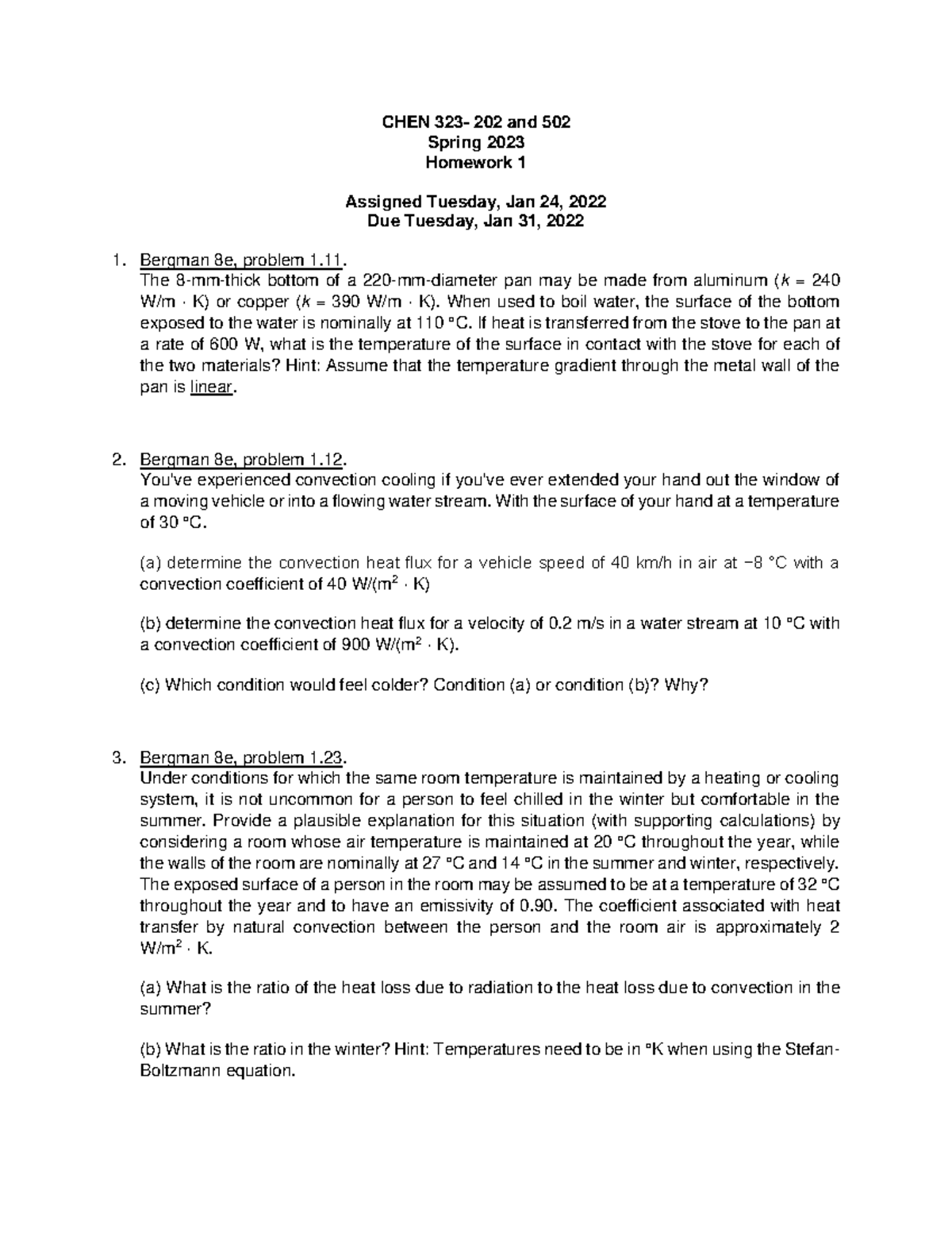 CHEN323 HW1 with solutions - CHEN 323- 202 and 502 Spring 2023 Homework ...