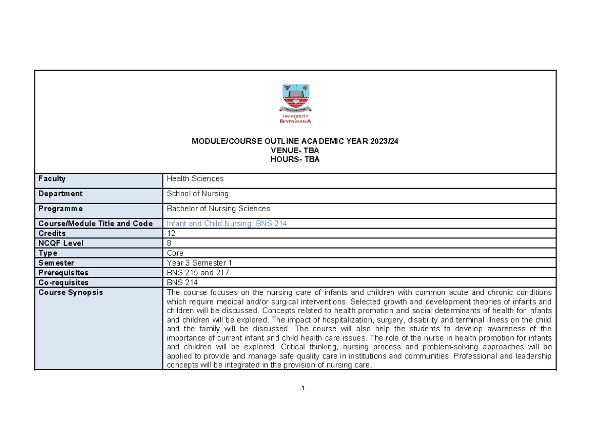 BNS 214 course outline version 1 - MODULE/COURSE OUTLINE ACADEMIC YEAR ...