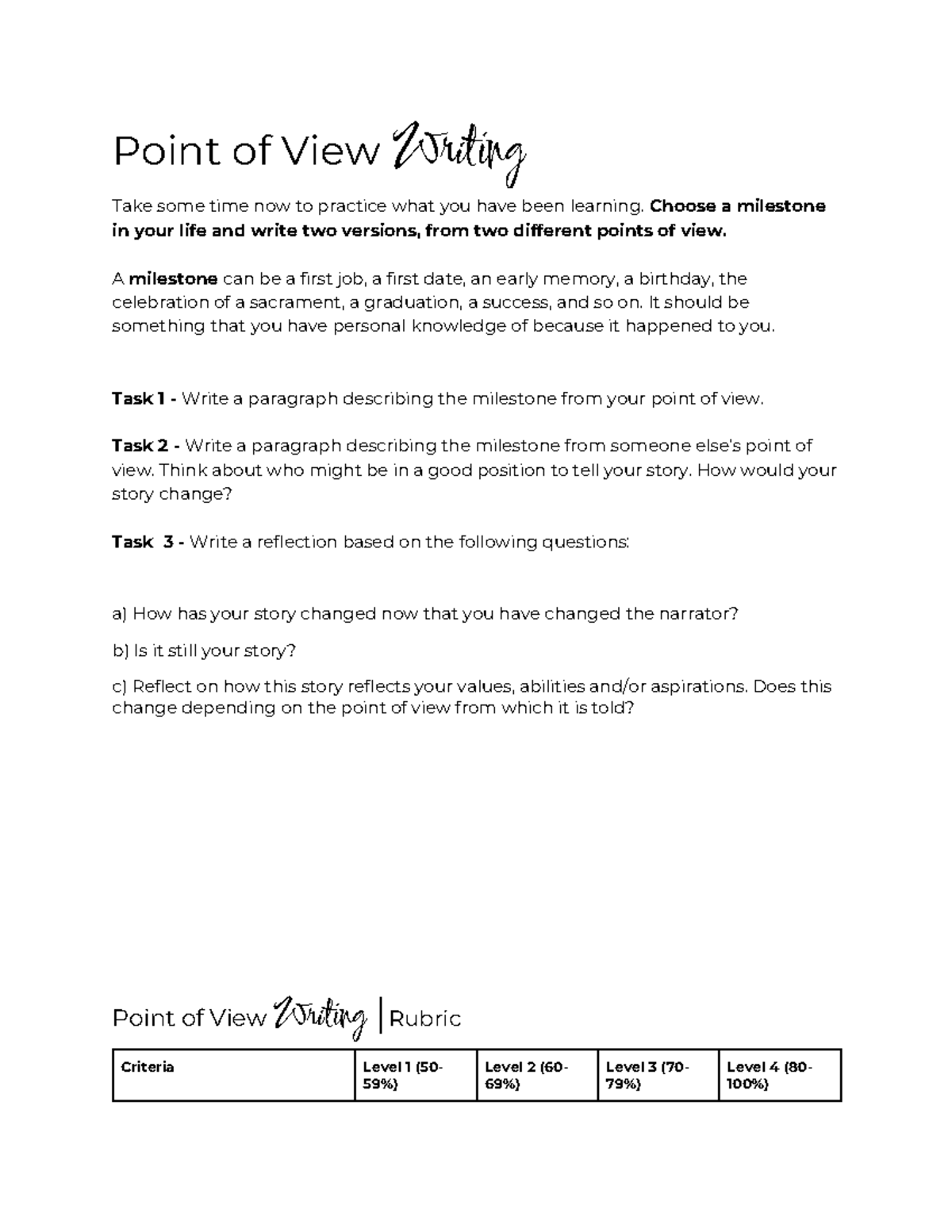 7b Point of View Writing - Point of View Writing Take some time now to ...
