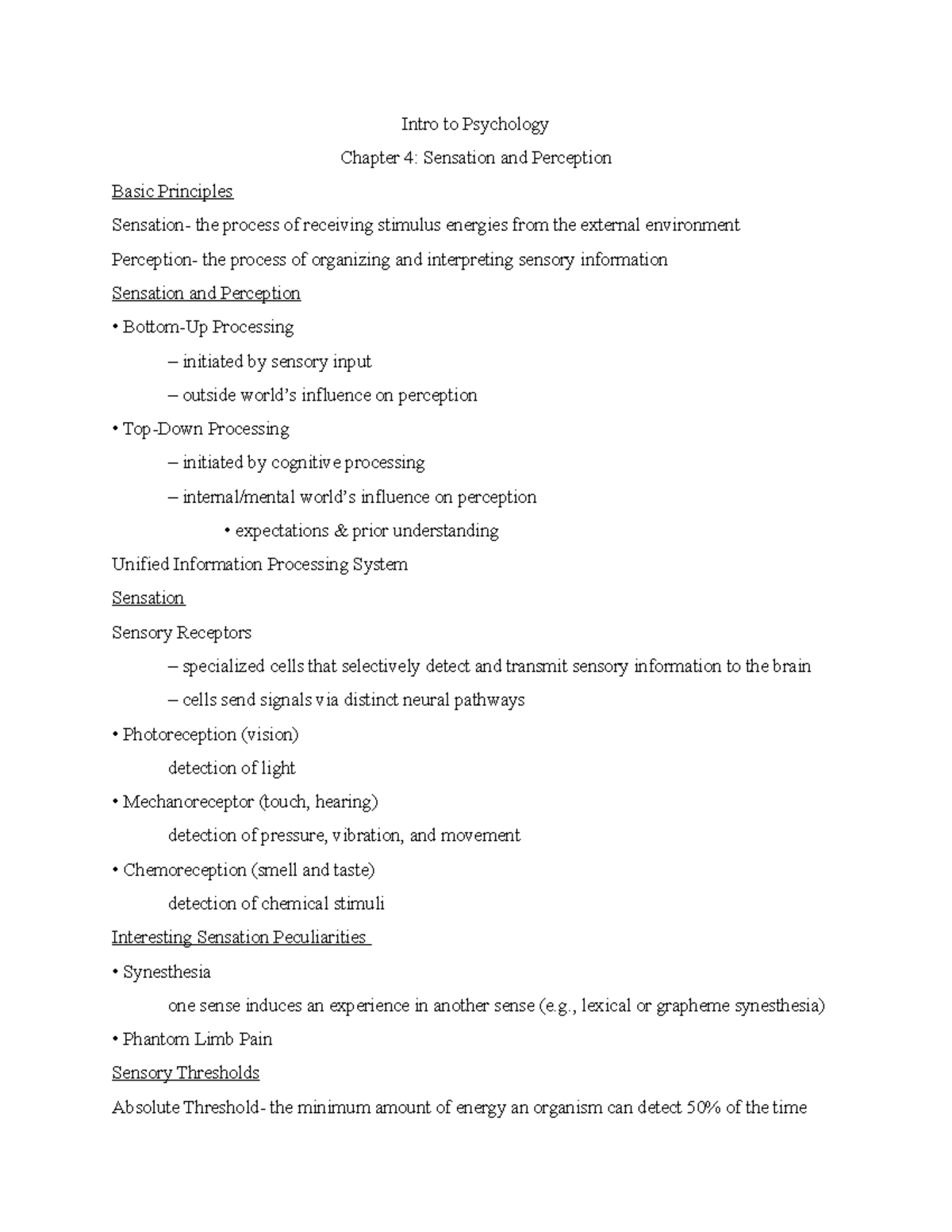 Intro to Psychology Chapter 4 Notes - Intro to Psychology Chapter 4 ...