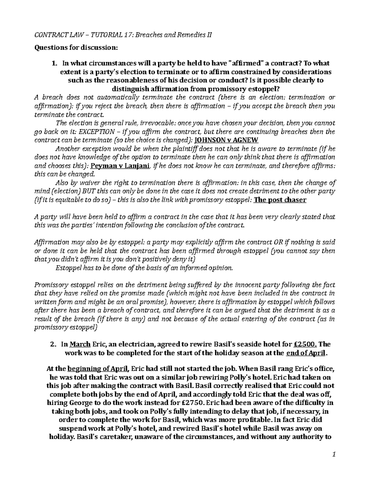Tutorial 17 - CONTRACT LAW – TUTORIAL 17: Breaches and Remedies II Questions for discussion: 1 ...