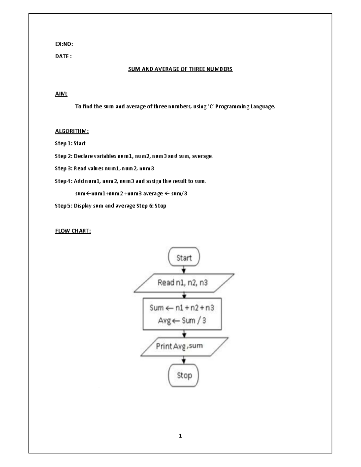 Sample Lab Program For Reference - 1 EX:NO: DATE : SUM AND AVERAGE OF ...