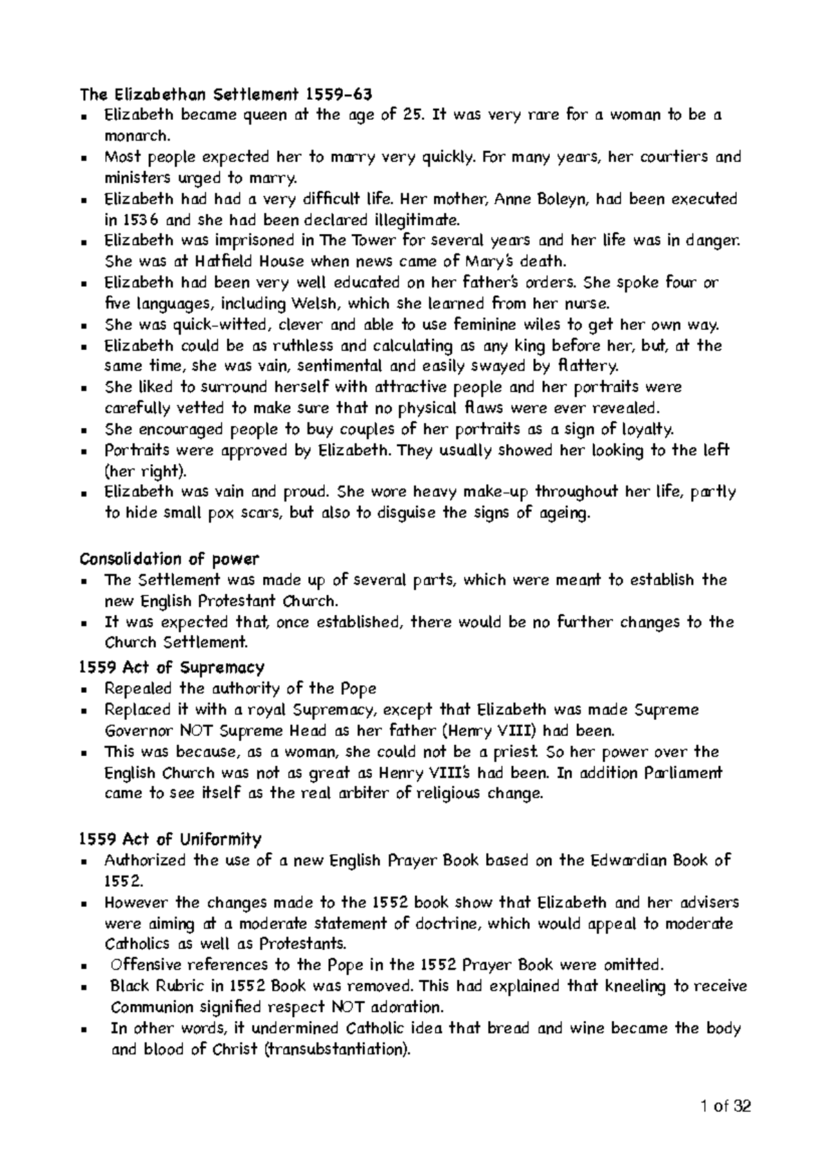 Elizabeth complete notes - The Elizabethan Settlement 1559- Elizabeth ...