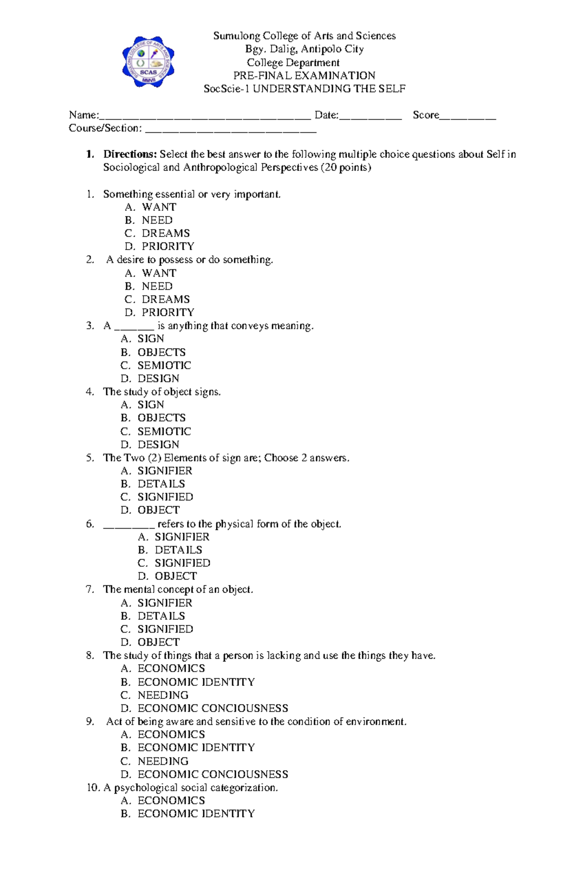 Understanding The Self PRE Final EXAM student copy - Sumulong College ...