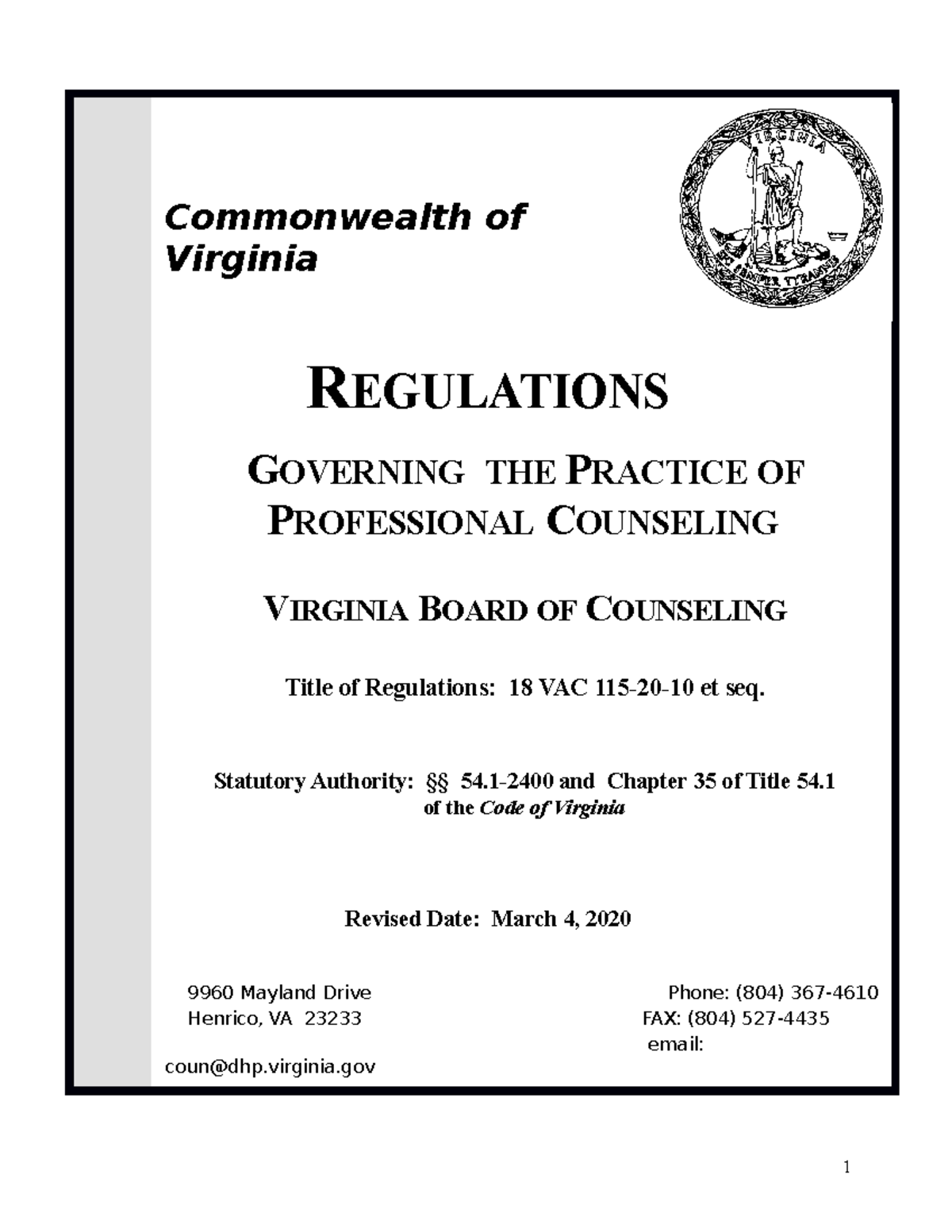 Virginia Laws for Counselors - Commonwealth of Virginia REGULATIONS ...