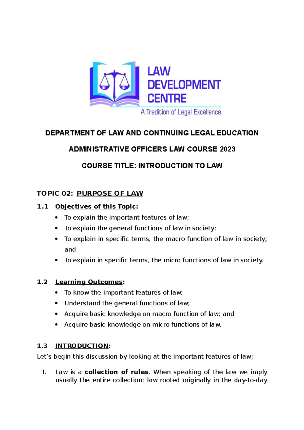 Introduction to Law Topic 2 - DEPARTMENT OF LAW AND CONTINUING LEGAL ...