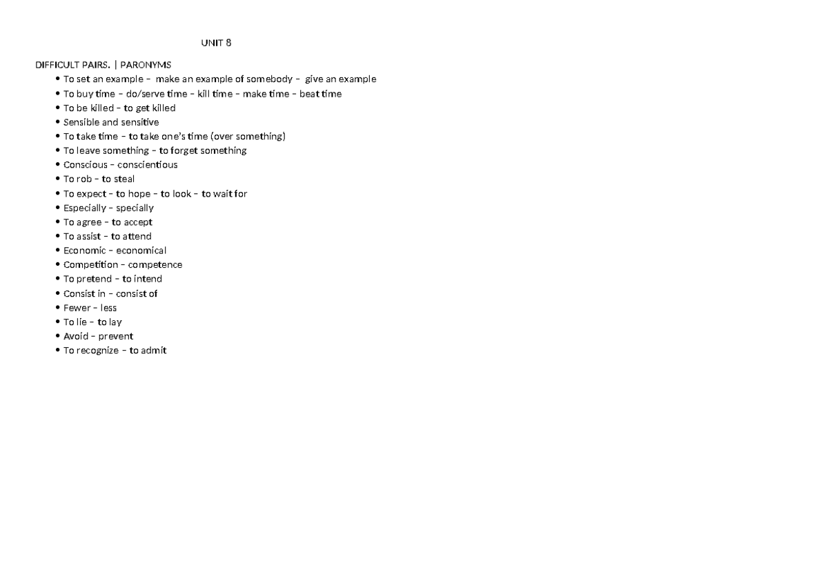 Unit 8 - Resumen de la unidad 8, lengua inglesa 1A - UNIT 8 DIFFICULT PAIRS. | PARONYMS To set ...