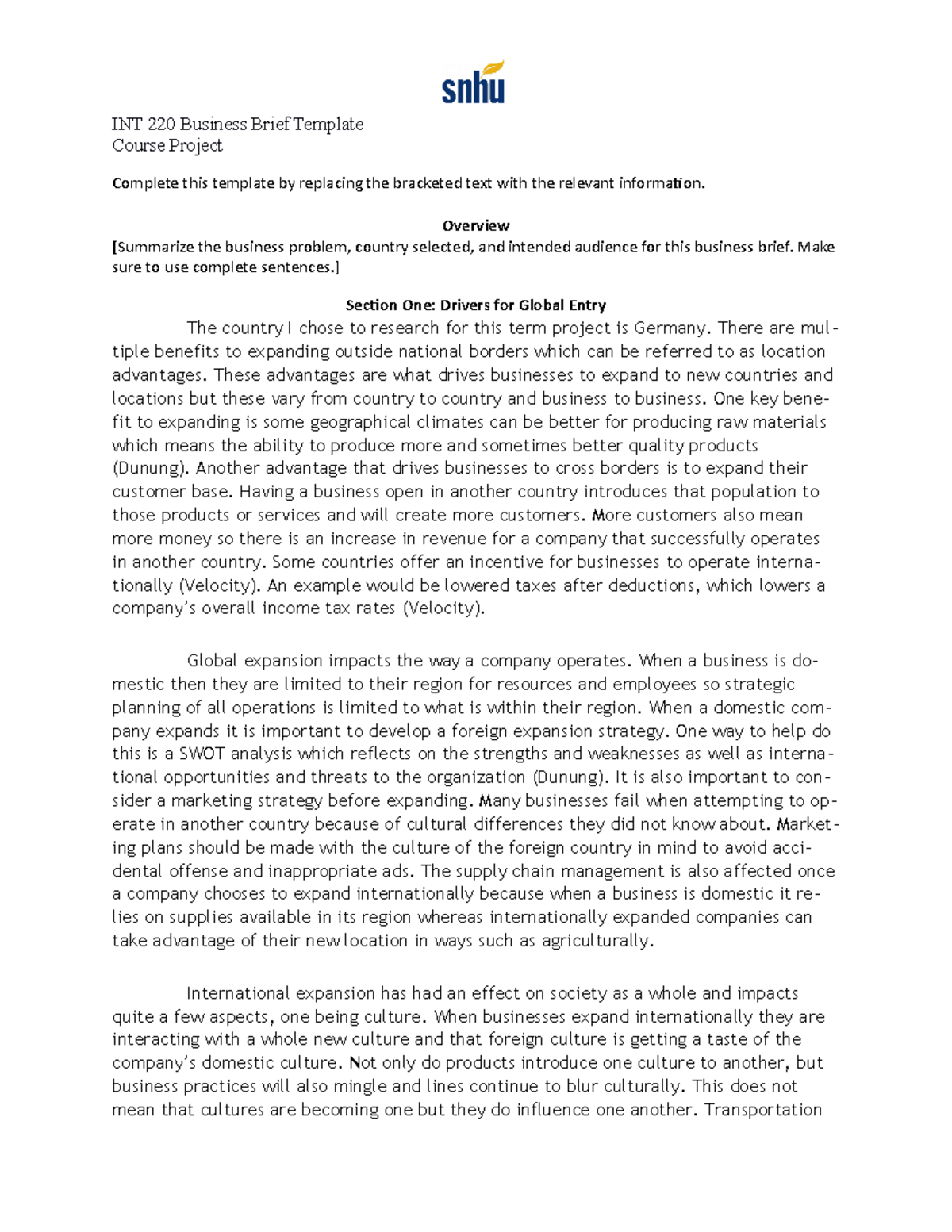 5-2 Business Brief germany - INT 220 - SNHU - Studocu