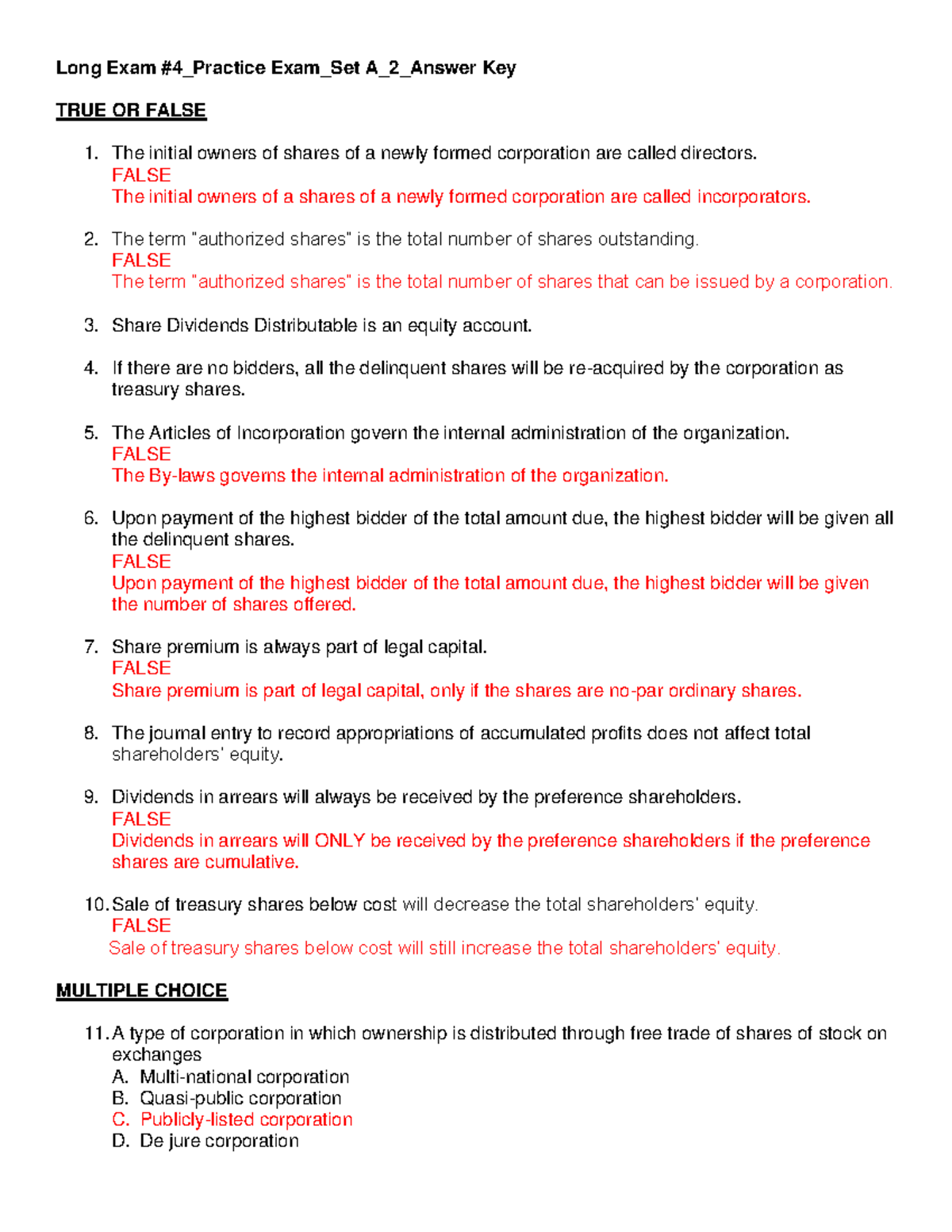 Long Exam #4 Practice Exam Set A 2 Answer Key - Long Exam #4_Practice ...