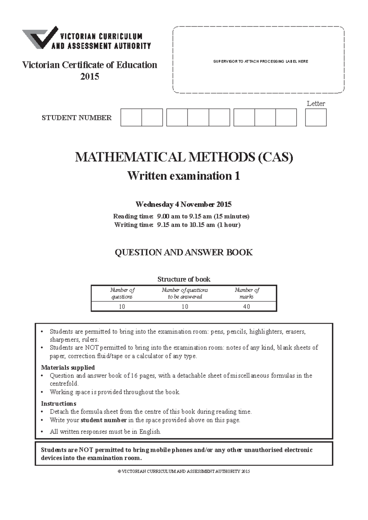 2015 VCAA Exam 1 - 2015 VCAA Exam 1 - MATHEMATICAL METHODS (CAS ... 2015 VCAA Exam 1 - 2015 VCAA Exam 1 - MATHEMATICAL METHODS (CAS ...