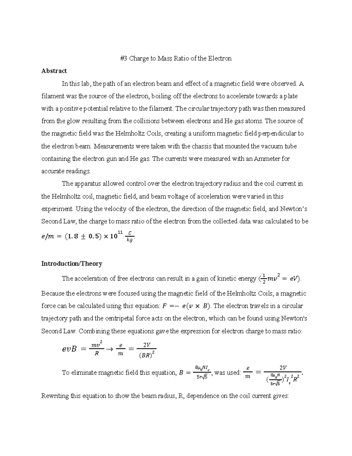 Phys 116l Charge To Mass Ratio Lab Report 3 Charge To Mass Ratio Of