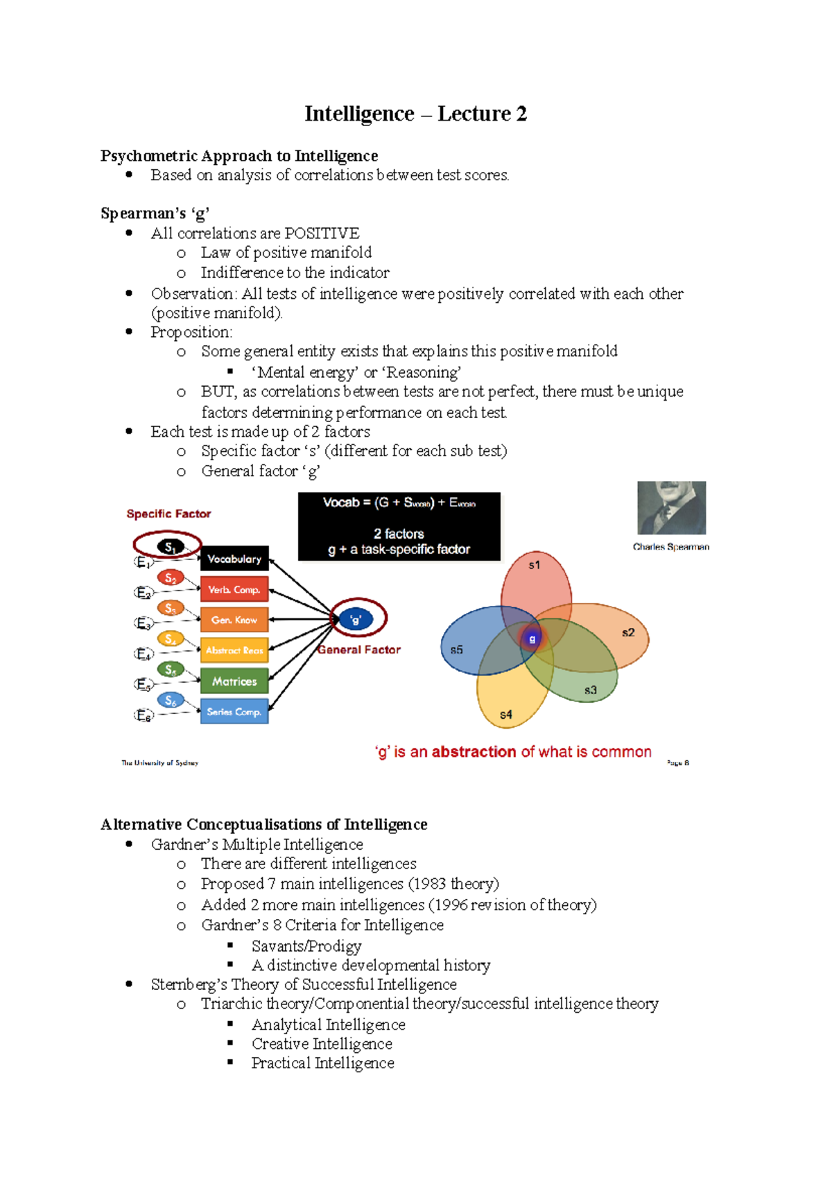 Intelligence - Lecture 3 - PSYC2016 - USyd - Studocu