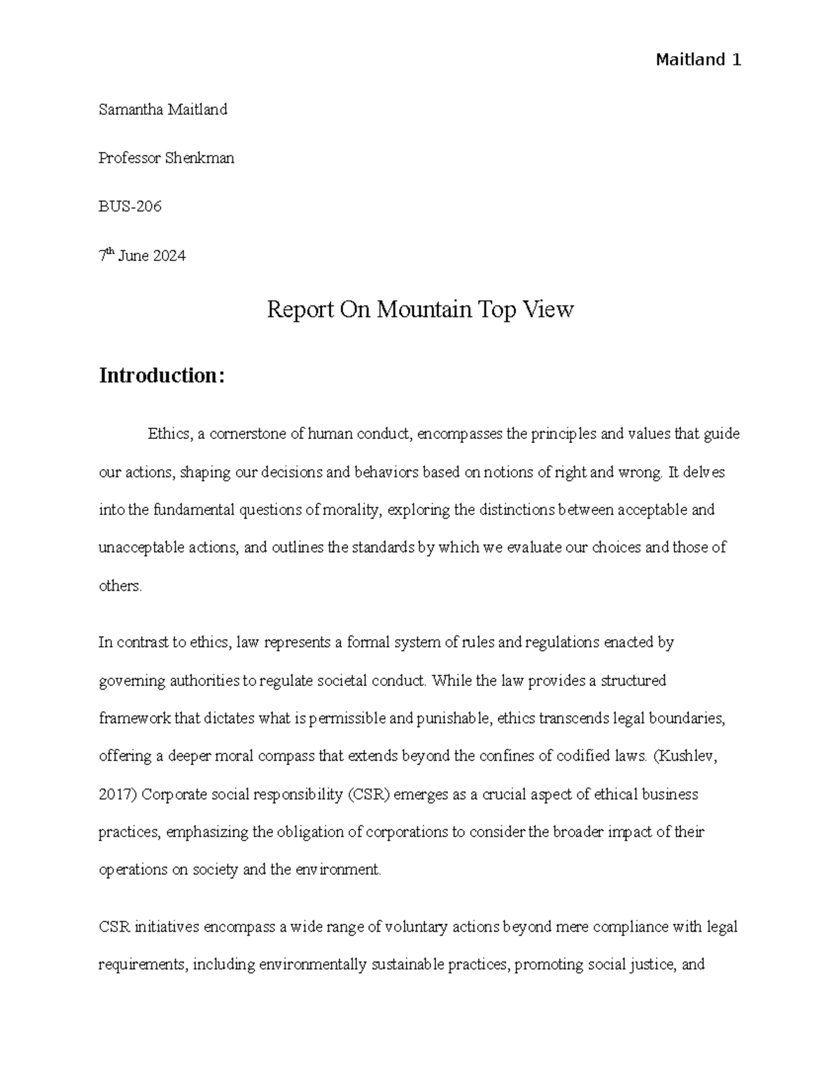 BUS-206 Maitland Project 2 Part One - Samantha Maitland Professor ...