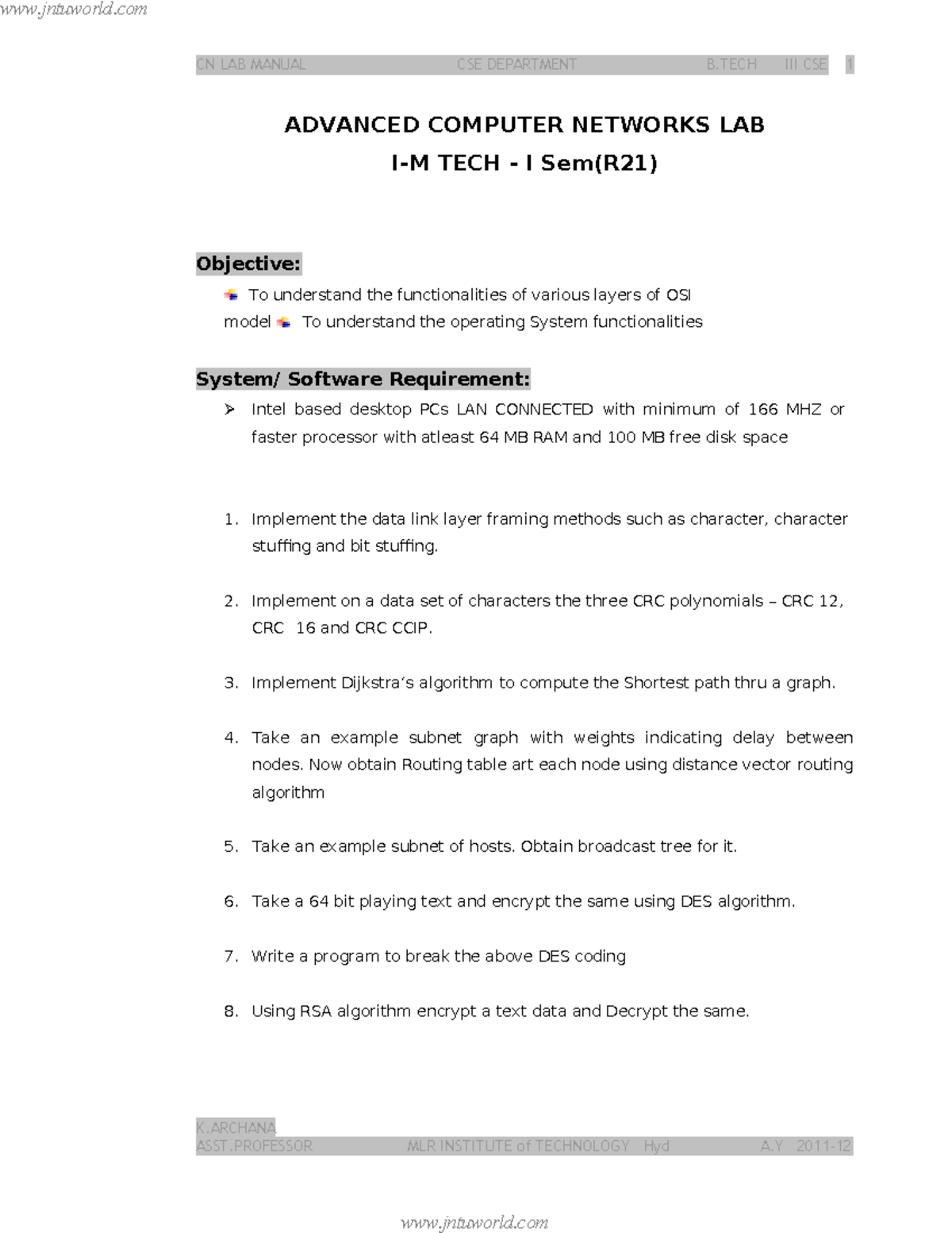 ACN-LAB - nil - CN LAB MANUAL CSE DEPARTMENT B III CSE 1 K ASST MLR INSTITUTE of TECHNOLOGY Hyd ...