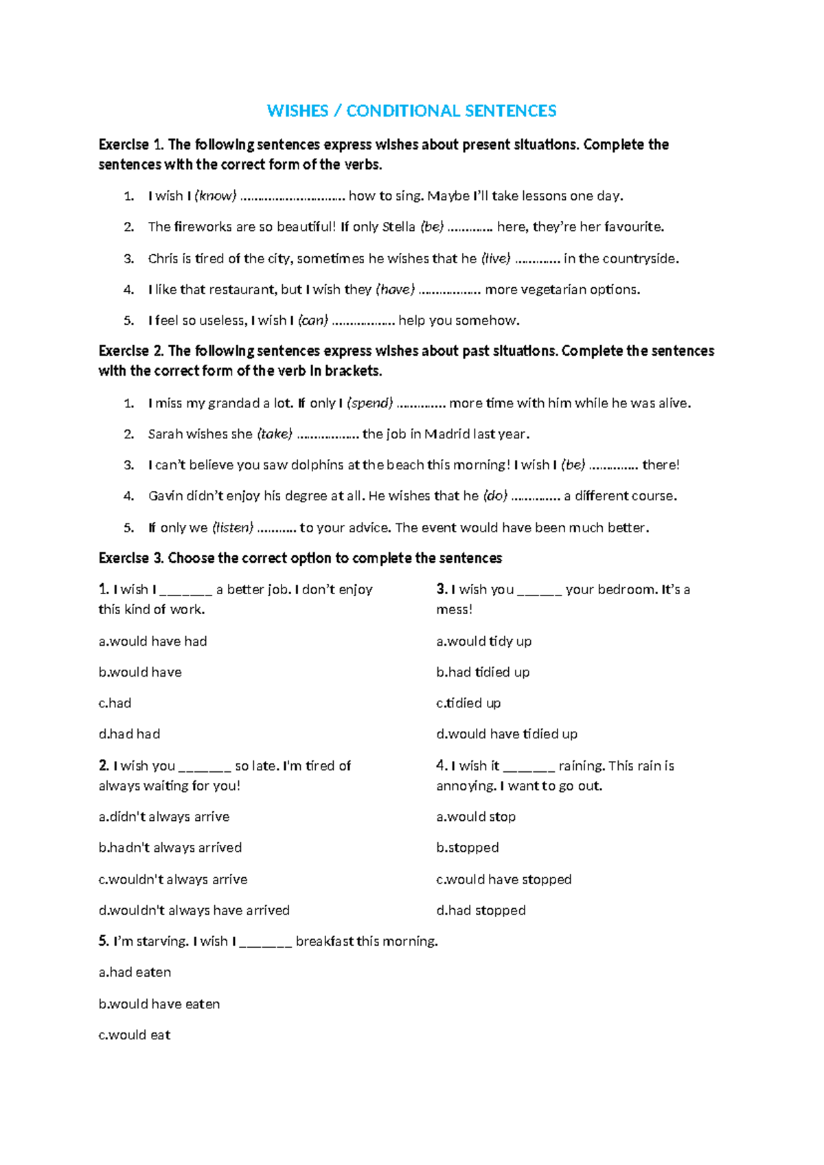 Wishes and conditionals worksheet - WISHES / CONDITIONAL SENTENCES ...