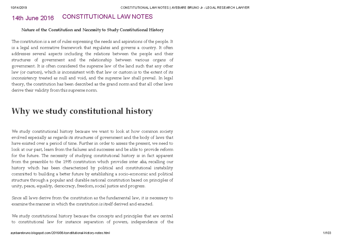 Constitutional LAW NOtes - 14th June 2016 Nature of the Constitution ...