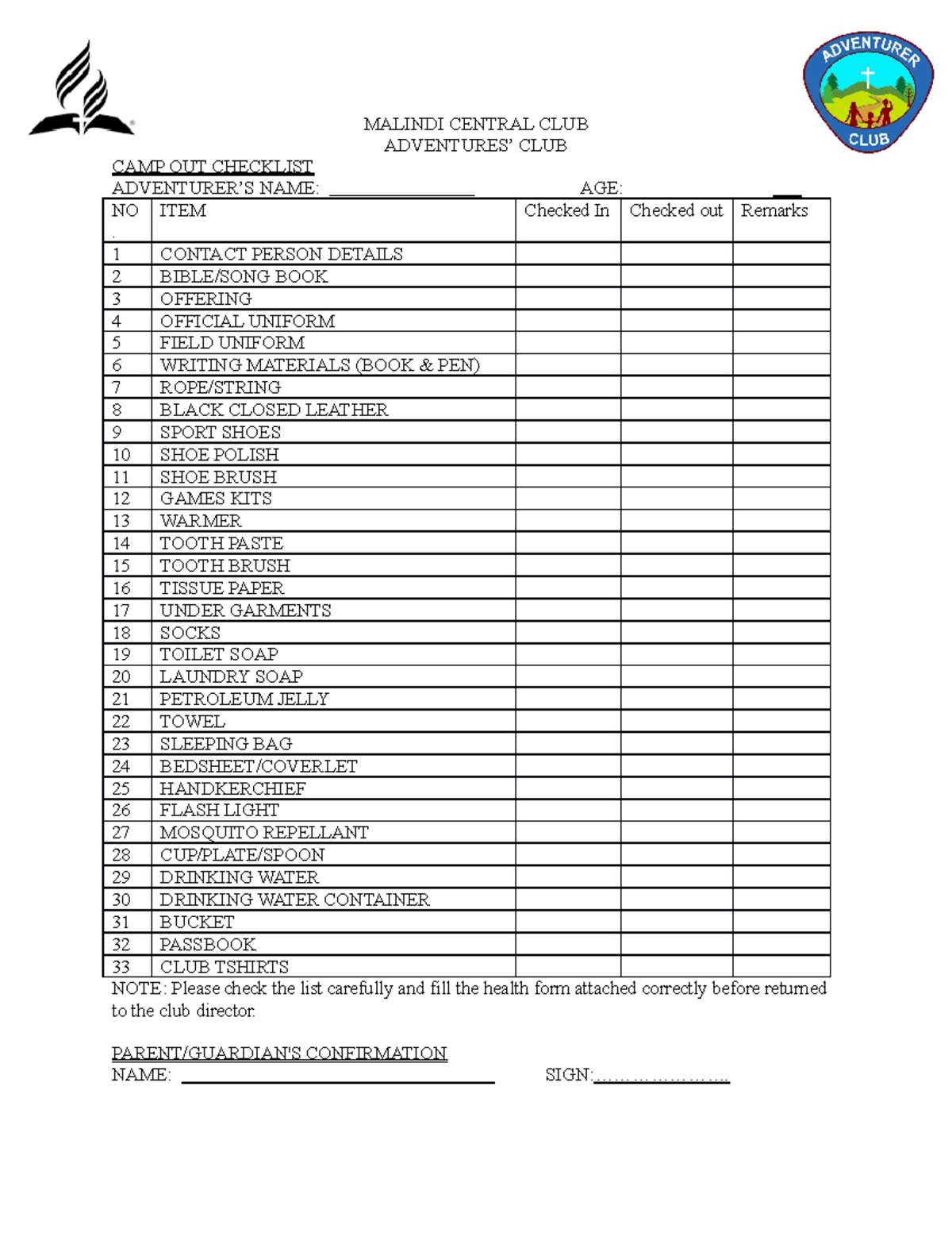 Checklist - My notes - MALINDI CENTRAL CLUB ADVENTURES’ CLUB CAMP OUT ...