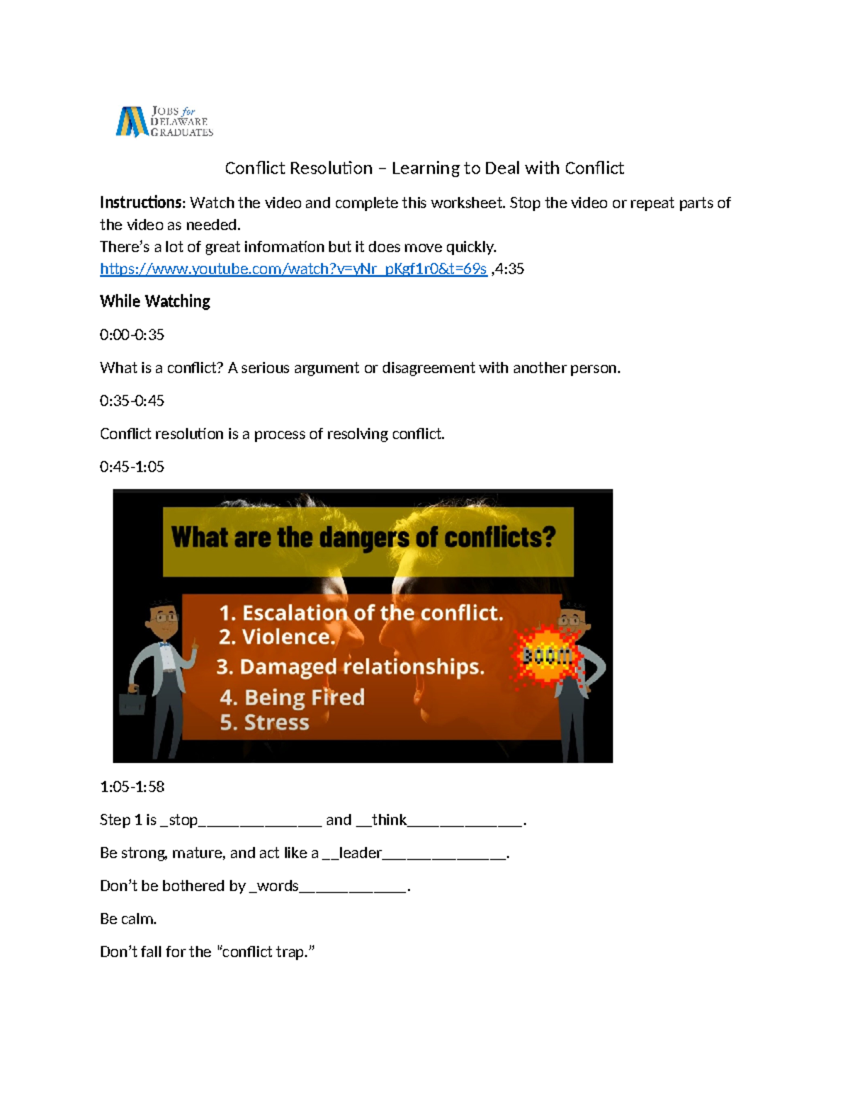 Conflict resolution video worksheet - Conflict Resolution – Learning to ...