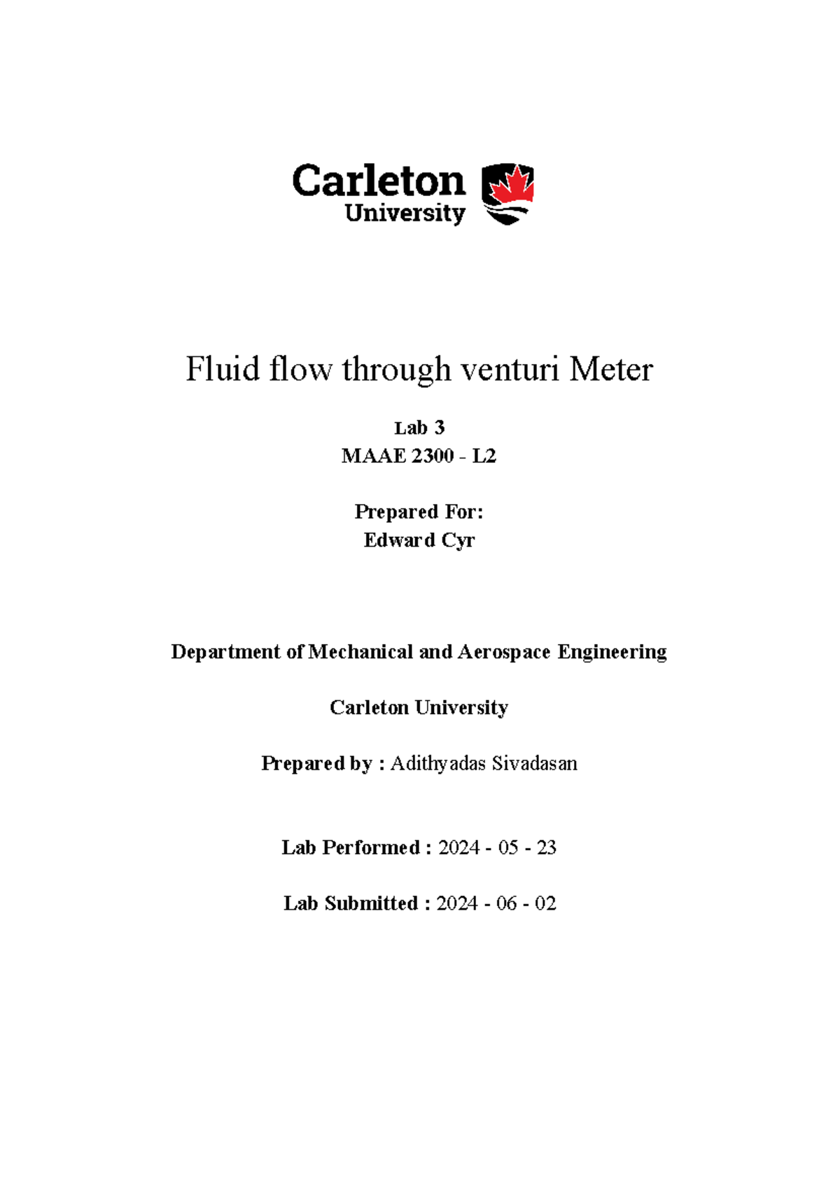 MAAE 2300 Lab 3 Venturi meter (1) - Fluid flow through venturi Meter ...