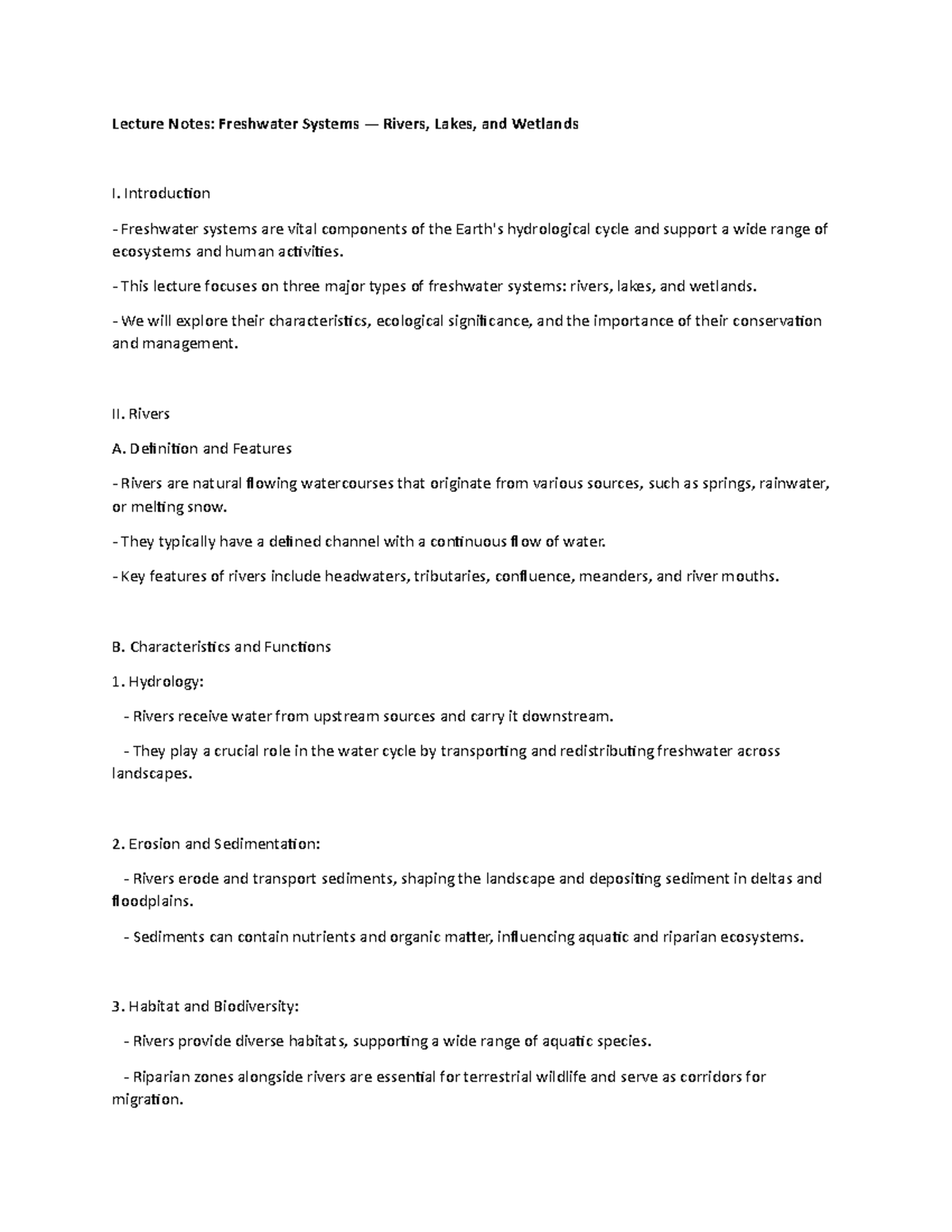 Lecture Notes: Freshwater Systems — Rivers, Lakes, and Wetlands ...
