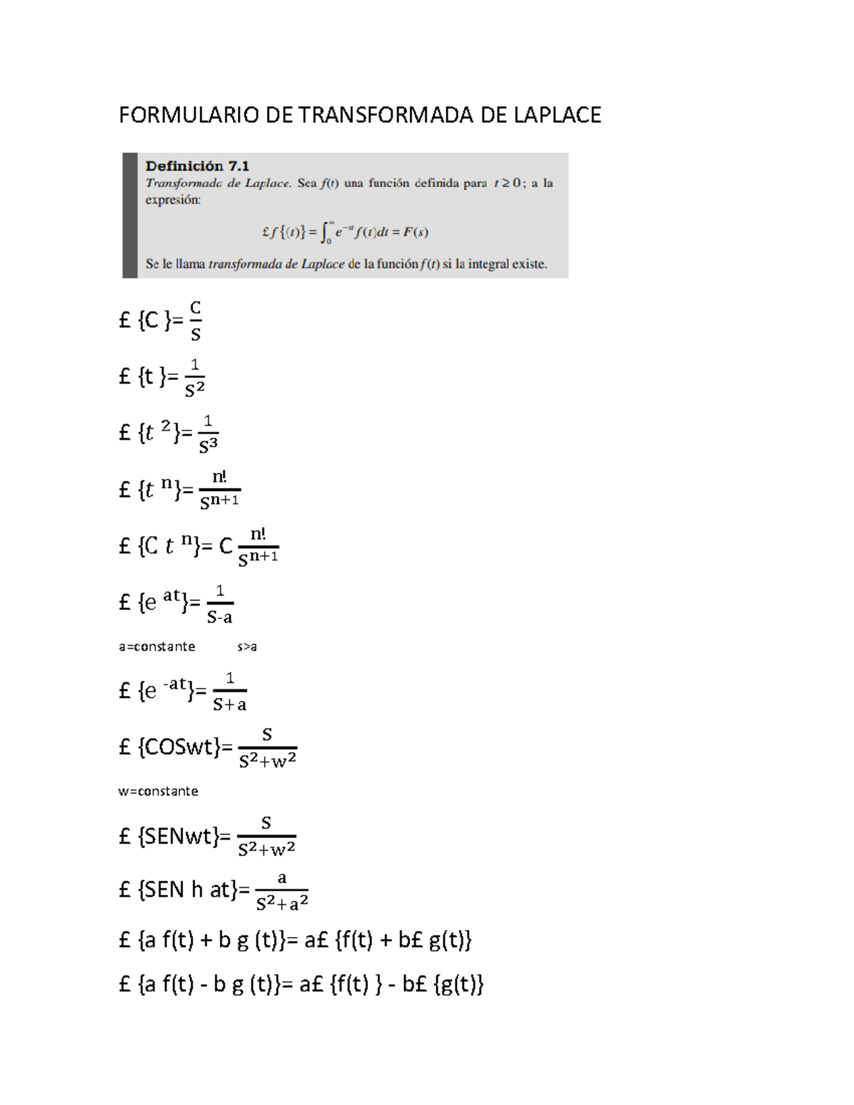 Formulario DE Transformada DE Laplace - Cálculo - FORMULARIO DE ...