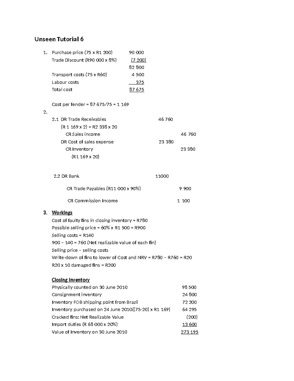 Unseen Tutorial 6 - Trade Discount (R90 000 x 8%) (7 200) 900 – 140 = 760 (Net realizable value ...