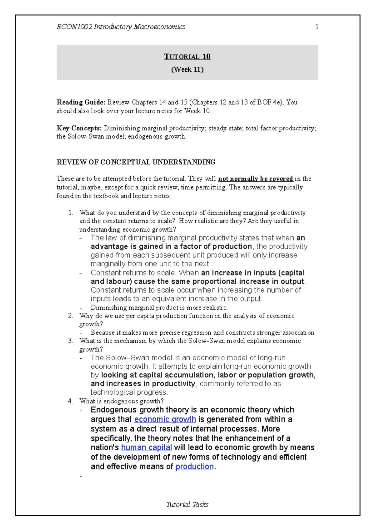 Tutorial 10 (Week 11) Questions and Answers - ECON1002 - USyd - Studocu