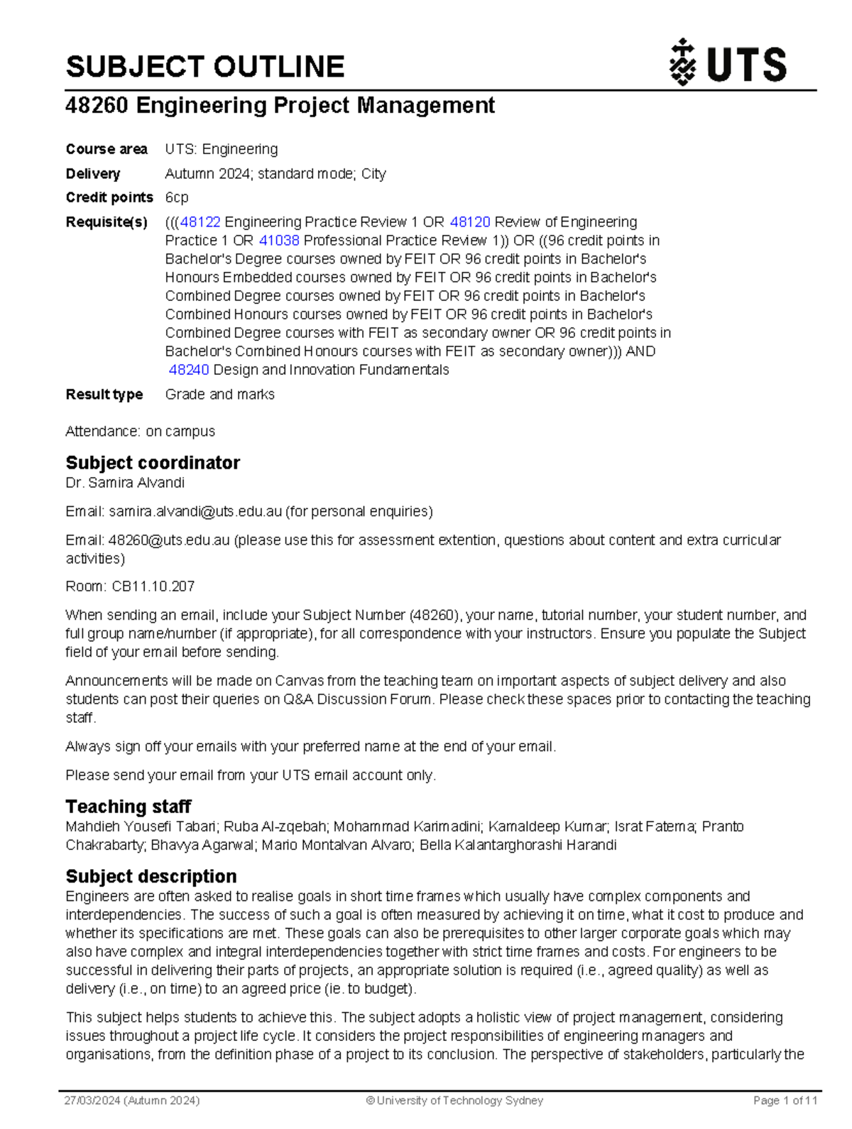 Epm outline - Summary Engineering Project Management - SUBJECT OUTLINE ...