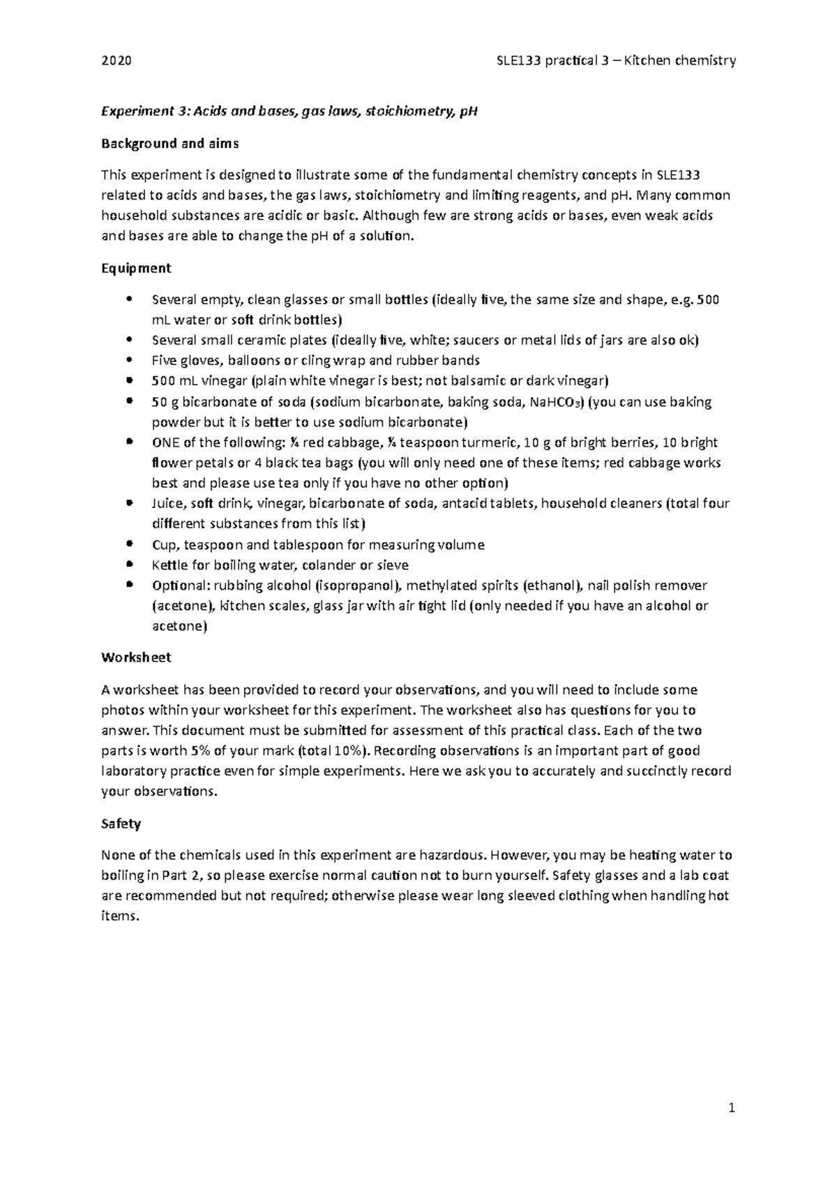 Experiment 3 - ex 3 instructions - 2020 SLE133 practical 3 – Kitchen ...