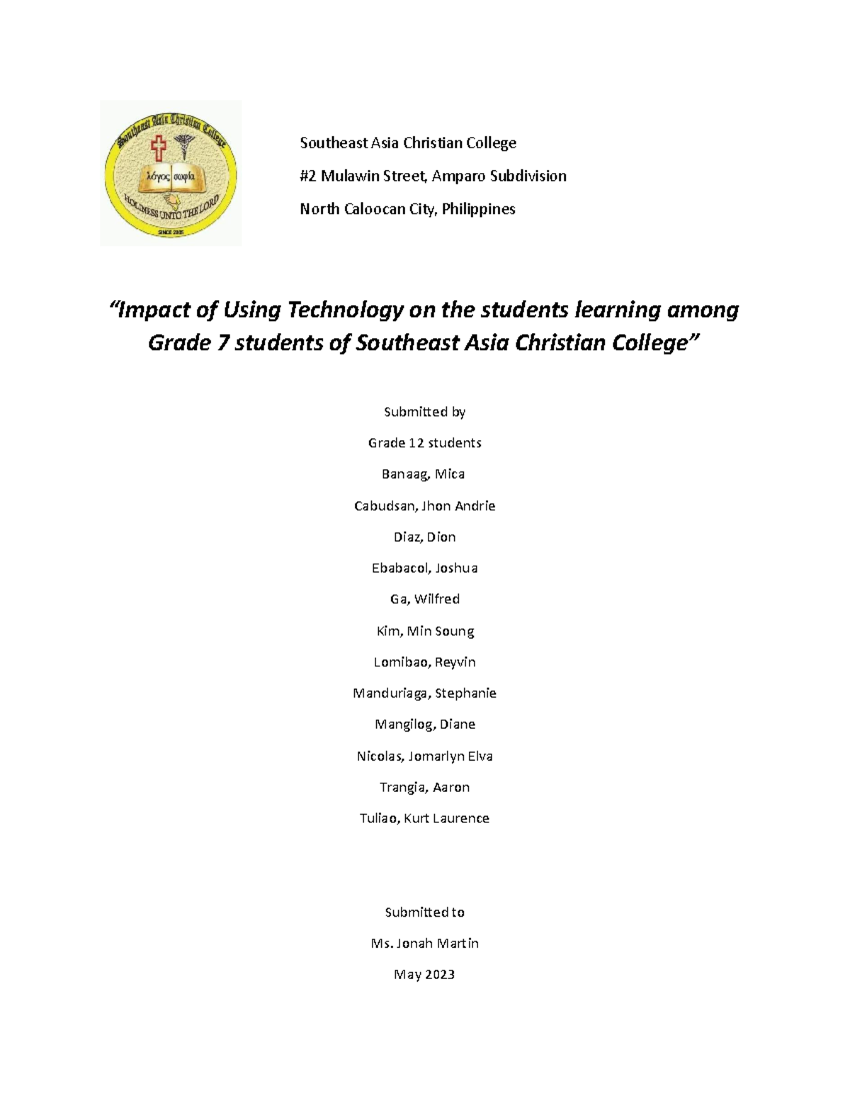 SACC Research Project Final Output - Southeast Asia Christian College ...