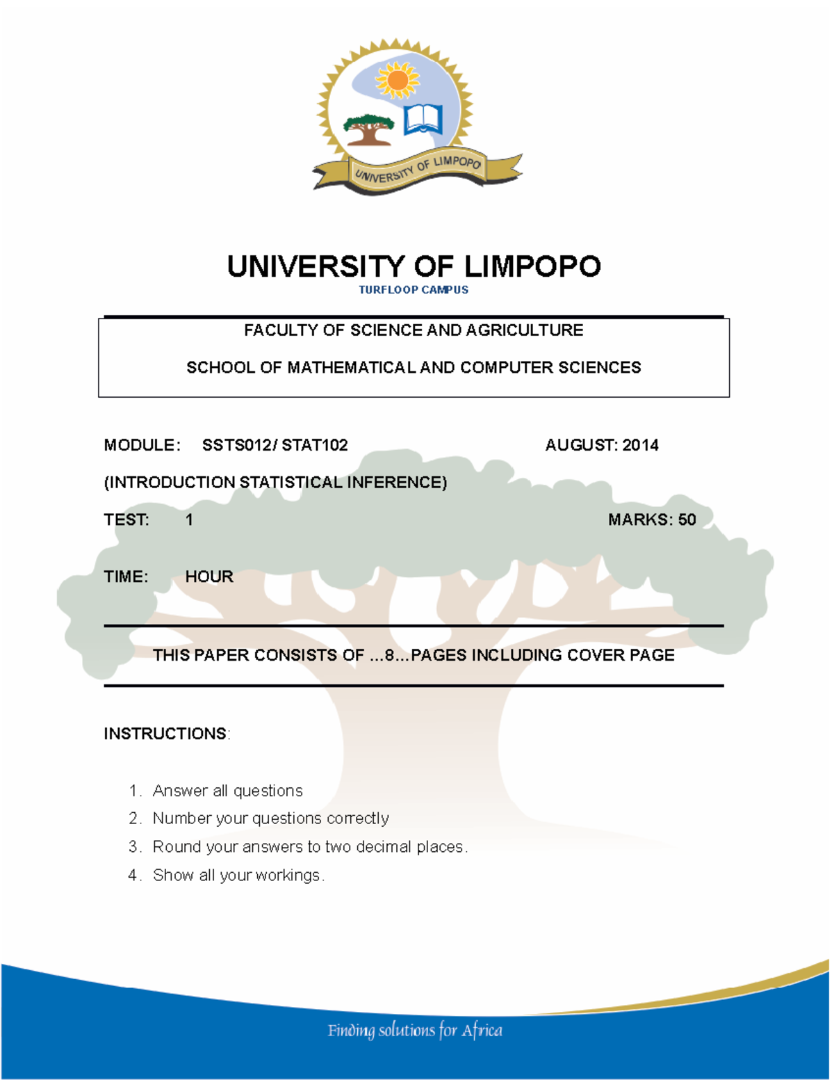 2014 SSTS012 TEST 1 - CHAPTER 1 OF STATISTICAL INFERENCE - UNIVERSITY ...