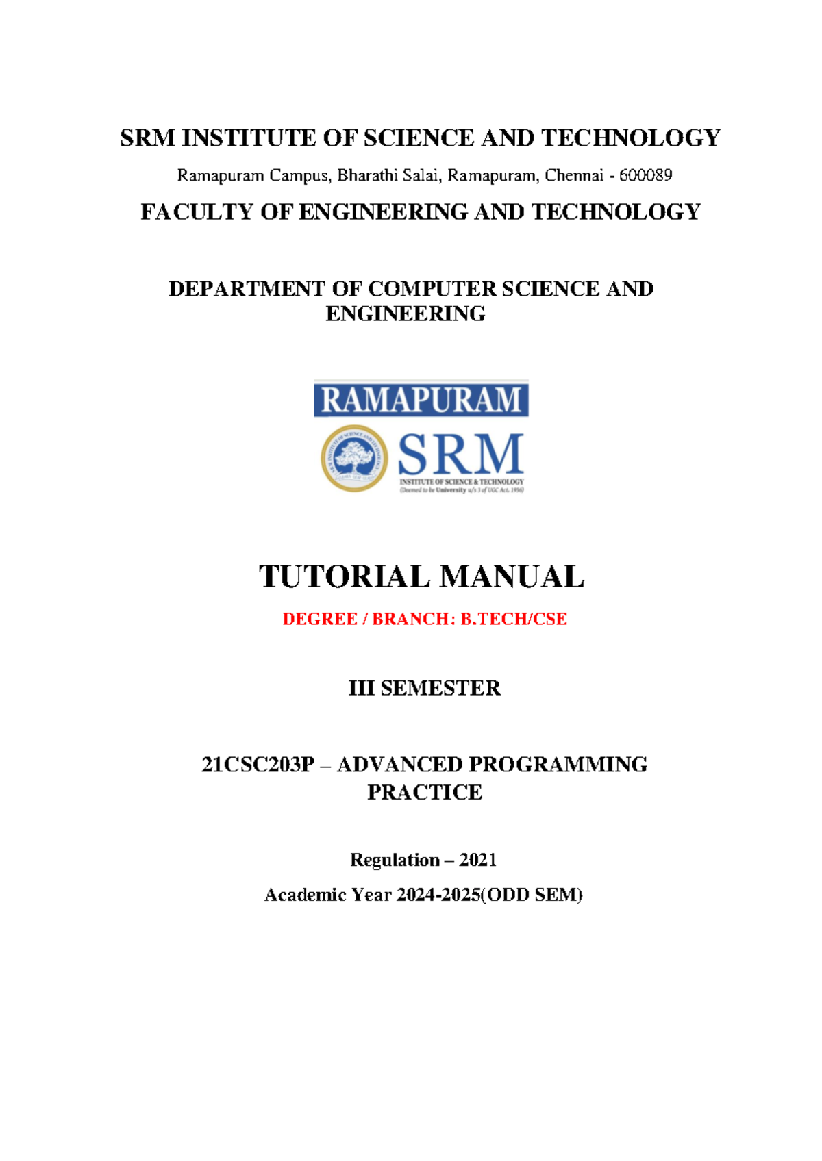 21CSC203P - APP Lab Manual Reg - SRM INSTITUTE OF SCIENCE AND TECHNOLOGY Ramapuram Campus ...