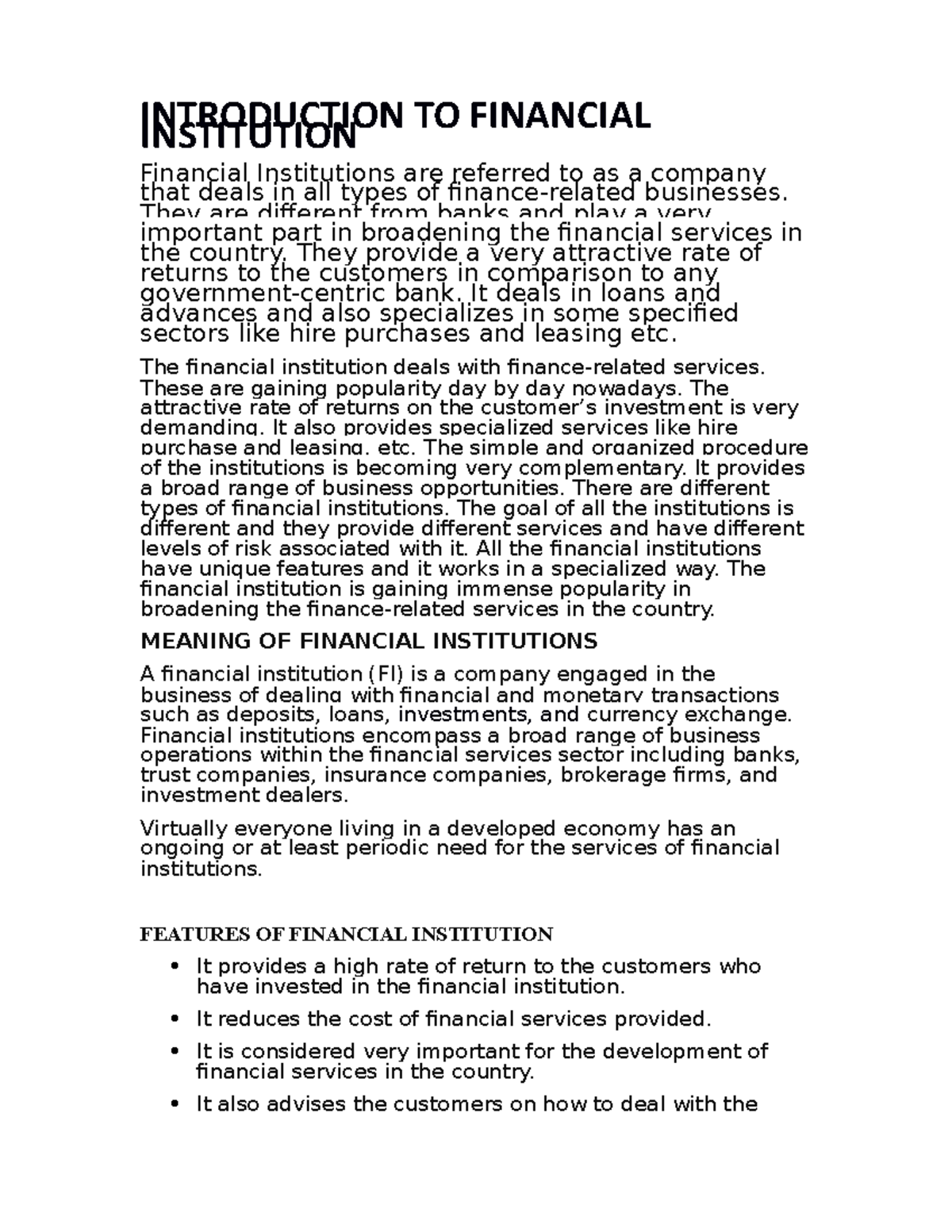 Financial Institution - INTRODUCTION TO FINANCIAL INSTITUTION Financial ...