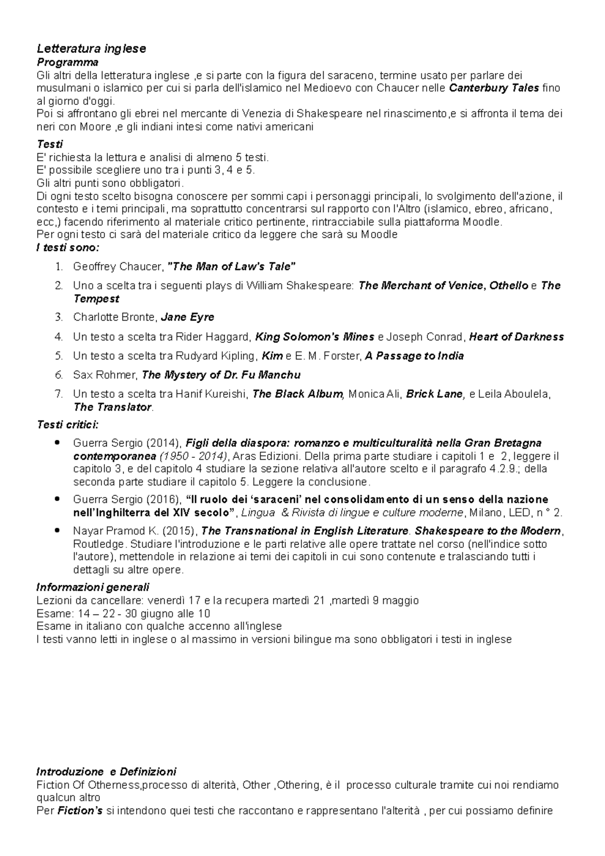 Letteratura inglese - appunti lezioni - Letteratura inglese Programma Gli altri della ...