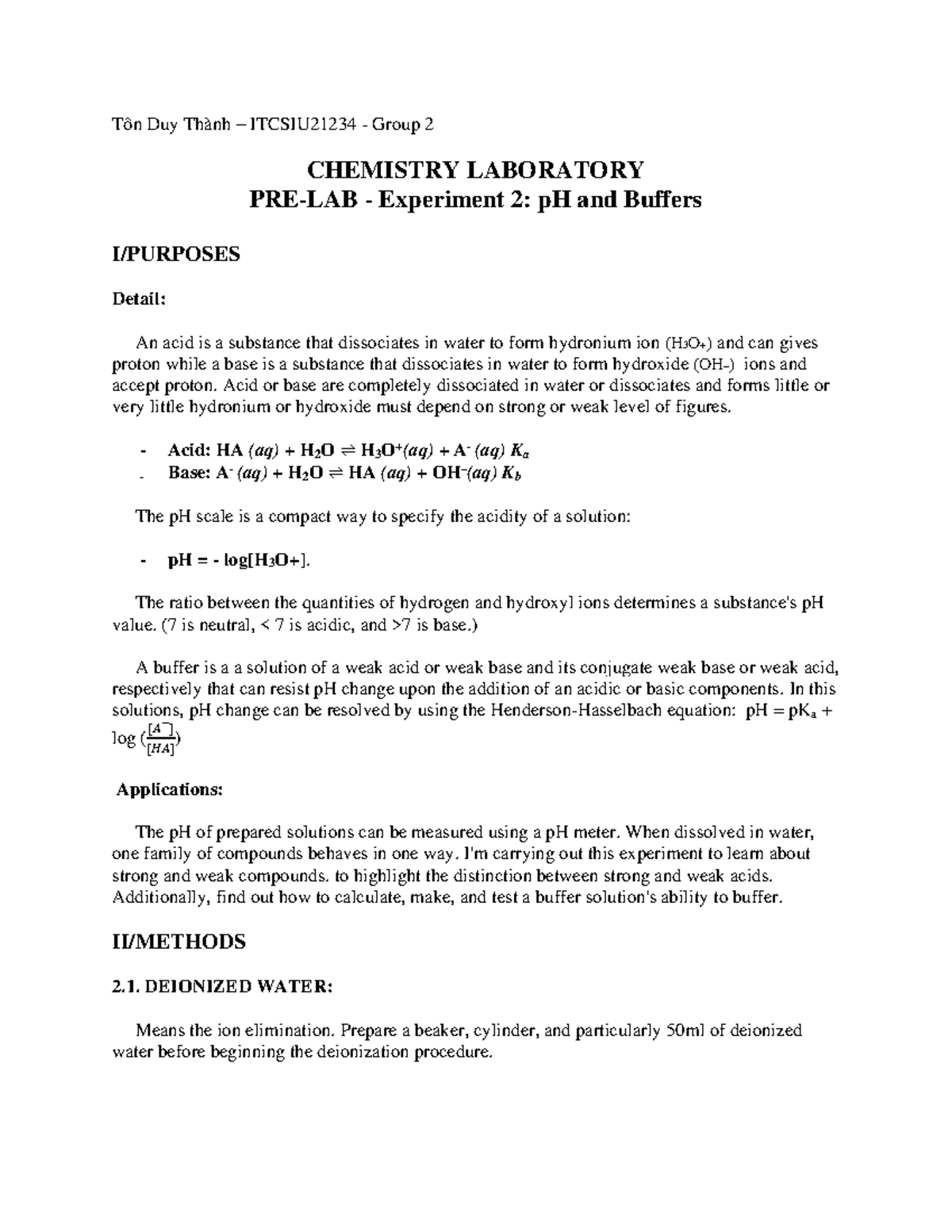 Prelab 2 - Nope - Tôn Duy Thành – ITCSIU21234 - Group 2 CHEMISTRY LABORATORY PRE-LAB ...
