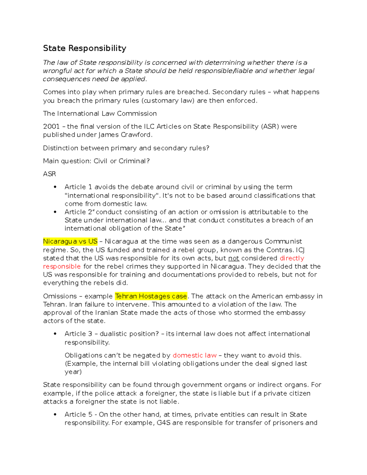 State Responsible Notes - State Responsibility The law of State ...