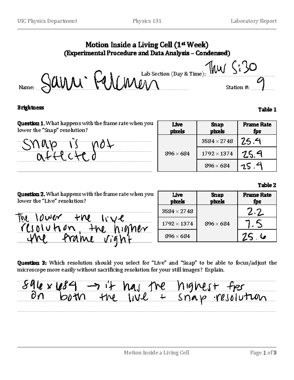 Lab Report Motion inside a living cell - UIC Physics Department Physics ...