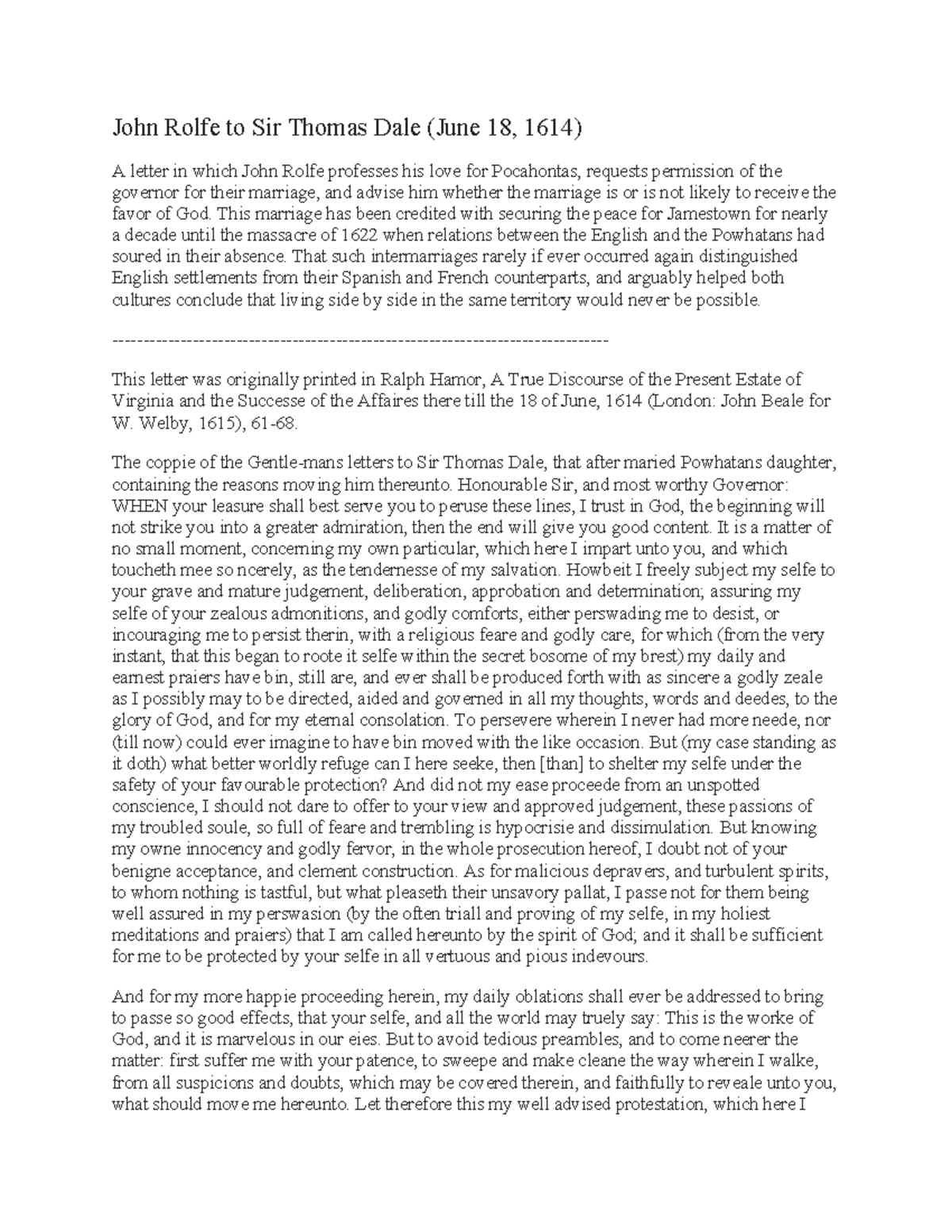 Rolfe-dale - key words - John Rolfe to Sir Thomas Dale (June 18, 1614 ...