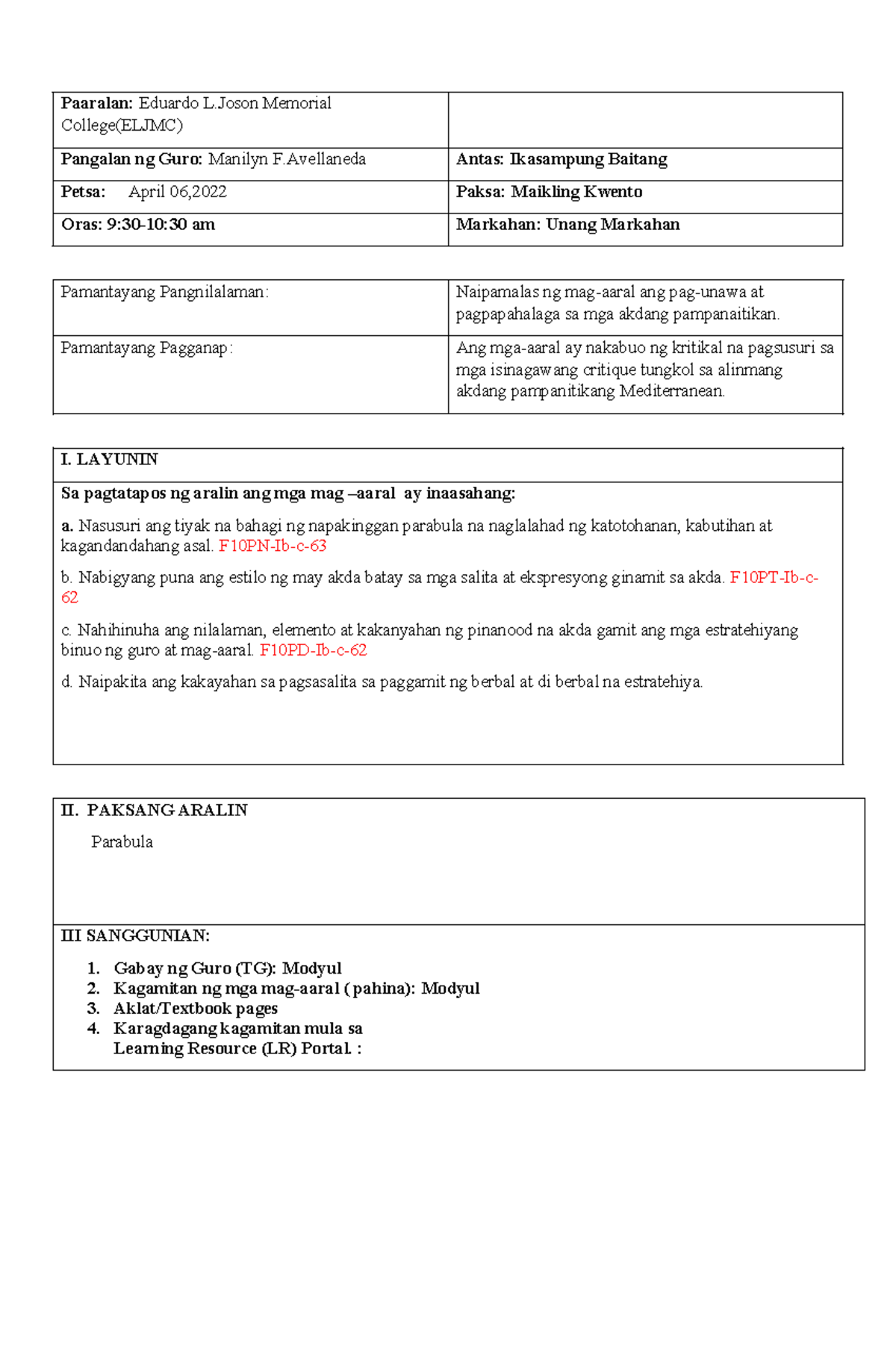 DLP IN Pilipino - Paaralan: Eduardo L Memorial College(ELJMC) Pangalan ...