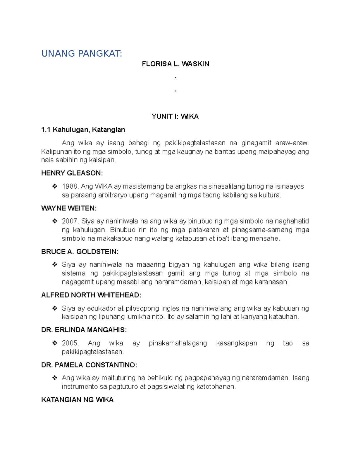 Yunit-I- Handouts - Mga Teorya ng Wika - UNANG PANGKAT: FLORISA L ...