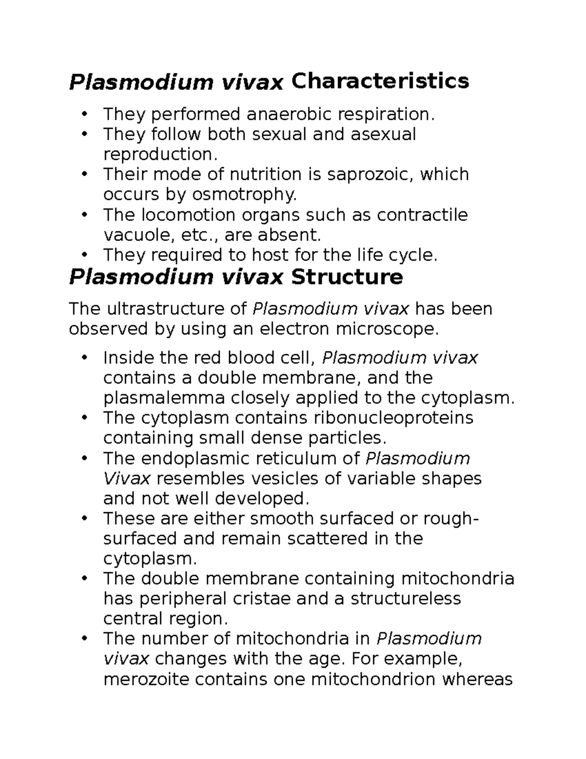Bio 17 - Notes - Plasmodium vivax Characteristics They performed ...